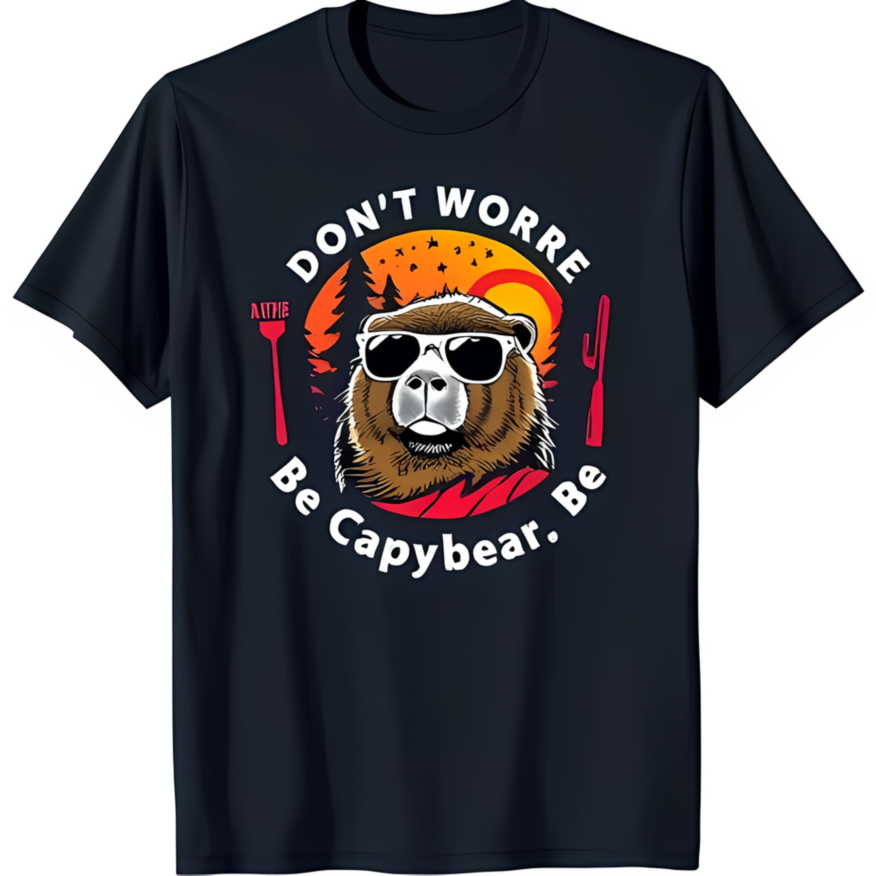 Cool Capybara Graphic Black T-Shirt Relaxing Sunset Design with Fun ...