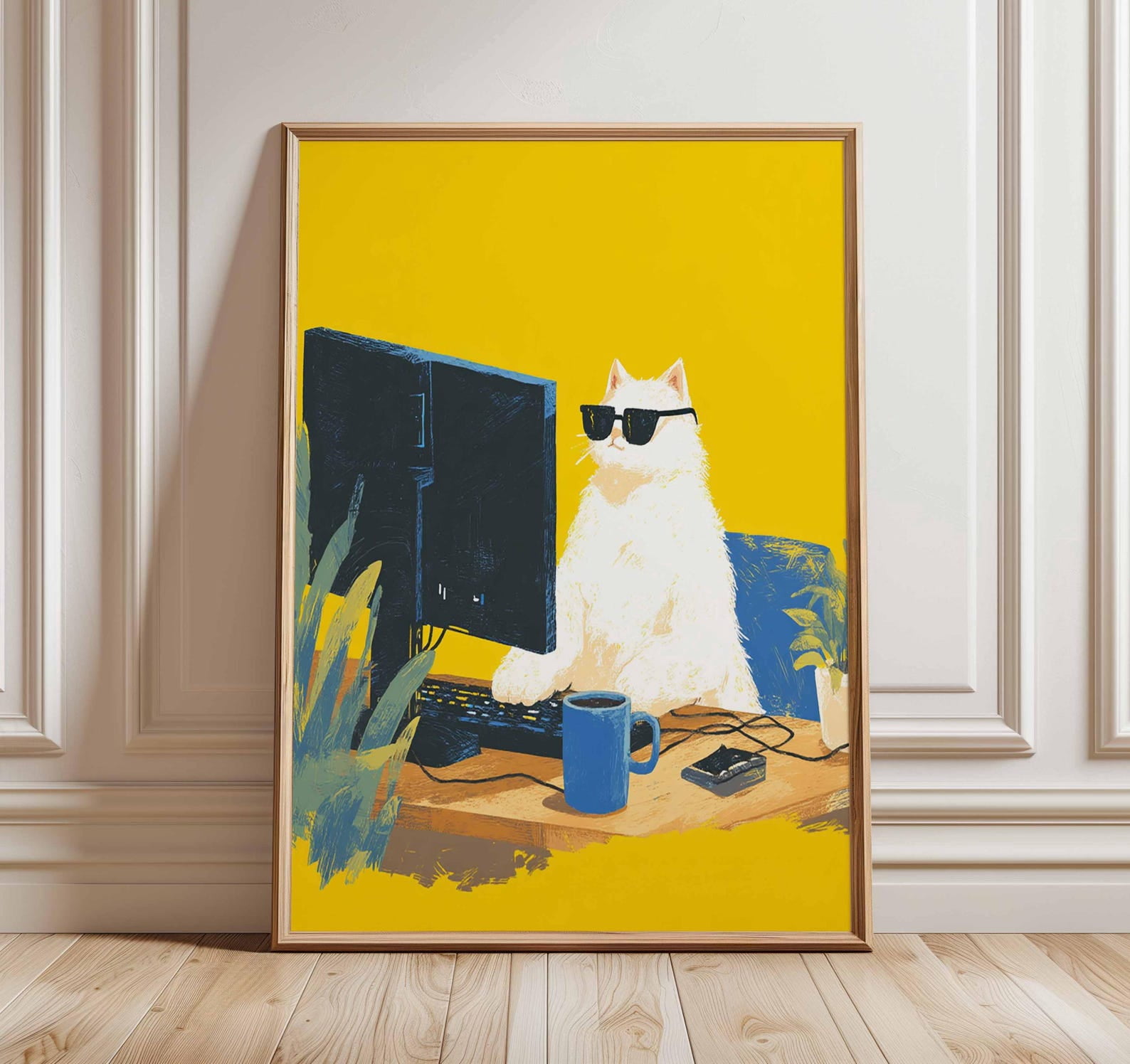 Cool Cat Computer Funny Animal Wall Art Modern Quirky Office Poster ...