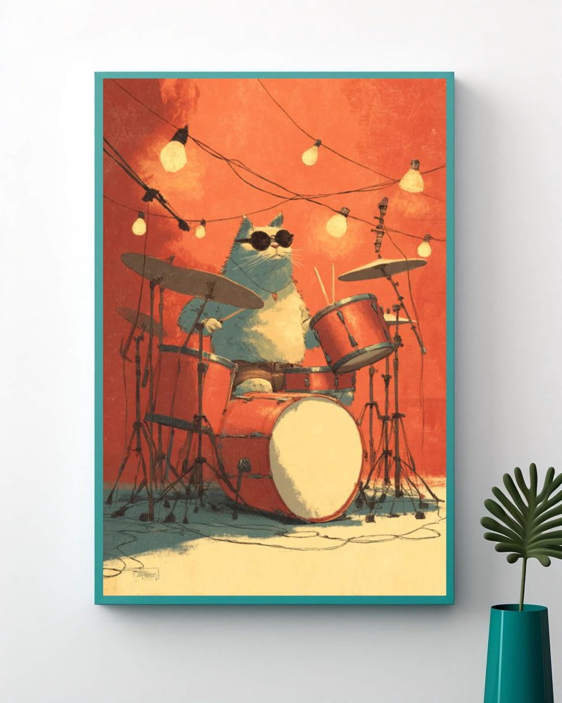 Cool Cat Drummer Poster, Retro Music Wall Art, Animal Band Poster ...