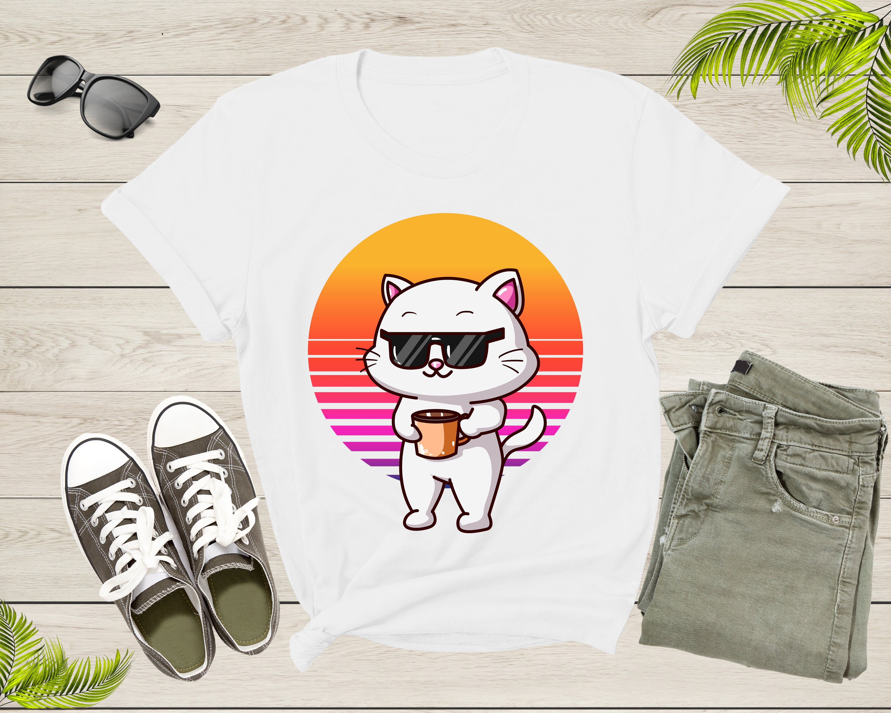Cool Cat Kitten Kitty Animal with Sunglasses Holds Coffee T-Shirt Retro ...