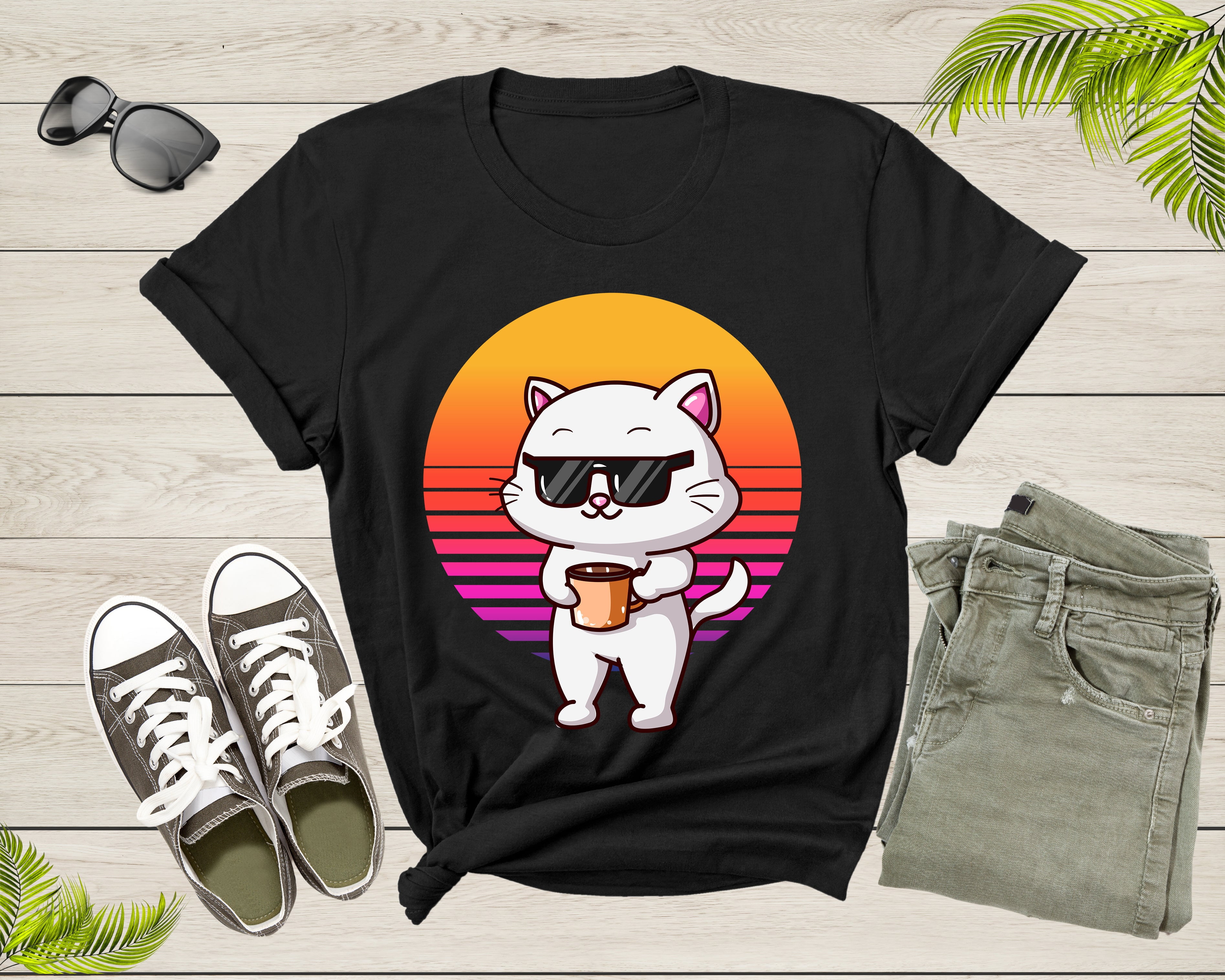 Cool Cat Kitten Kitty Animal with Sunglasses Holds Coffee T-Shirt Retro ...