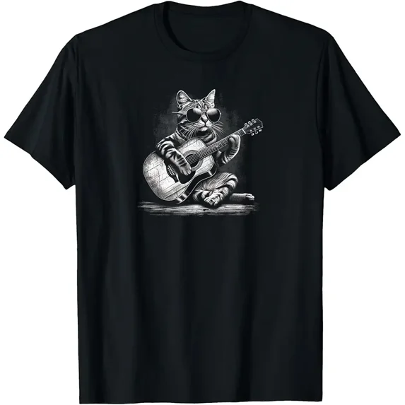 Cool Cat Playing Acoustic Guitar Graphic Unisex Short Sleeve T-Shirt ...