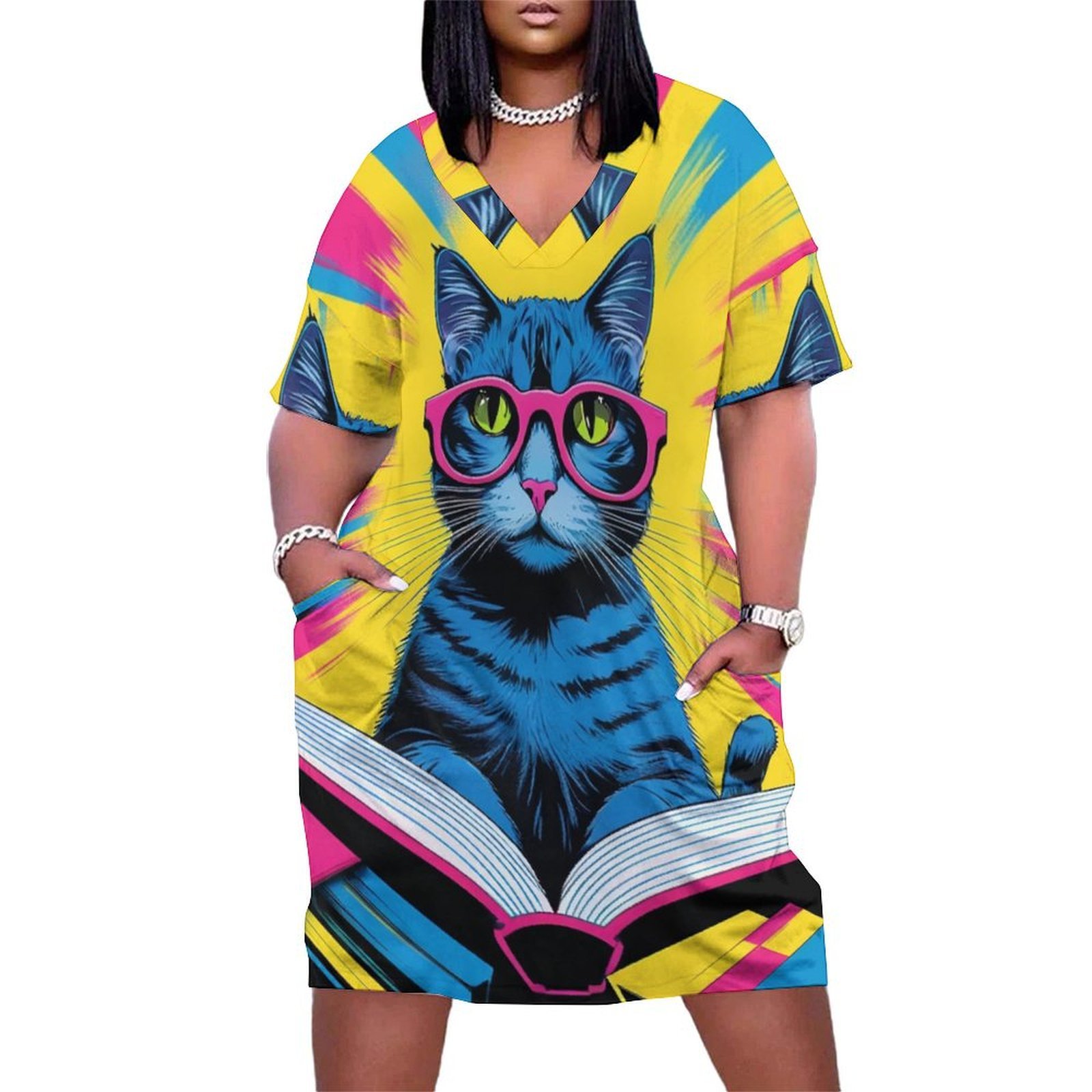 Cool Cat Reading Glasses Art Loose Pocket Dress Dresses Summer Summer ...