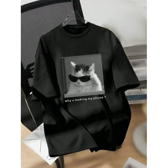 Cool Cat Sunglasses Photo Graphic Tee Why You Looking My Phone Text ...