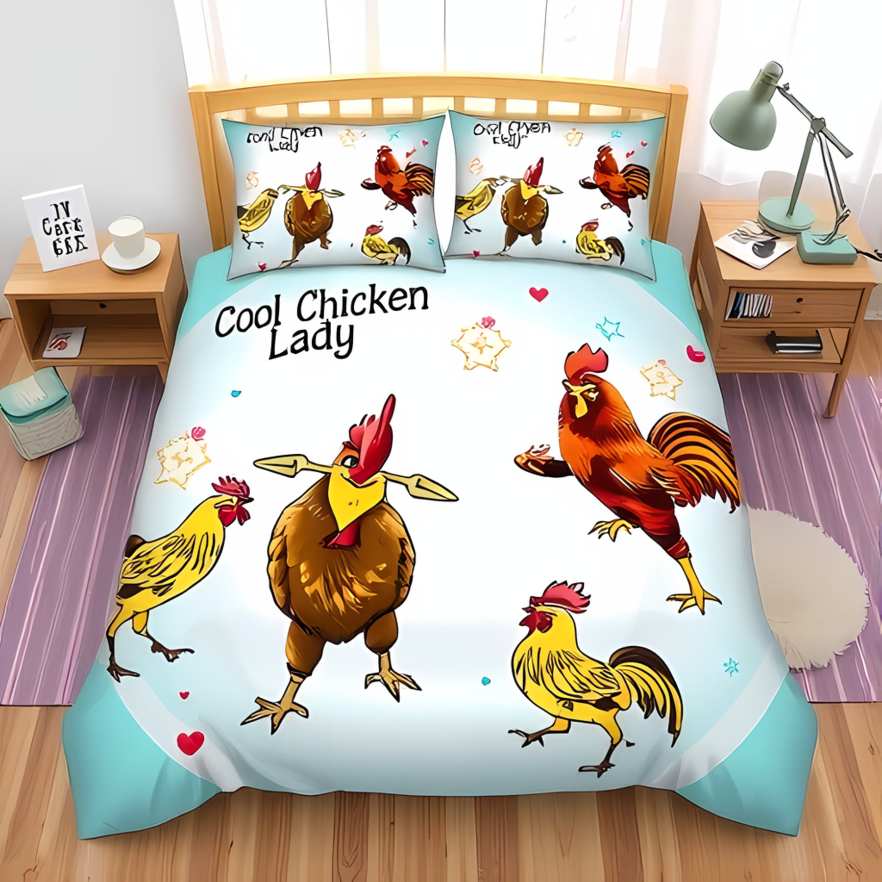 Cool Chicken Lady 3-Piece Duvet Cover Set - Colorful Cartoon Chickens ...