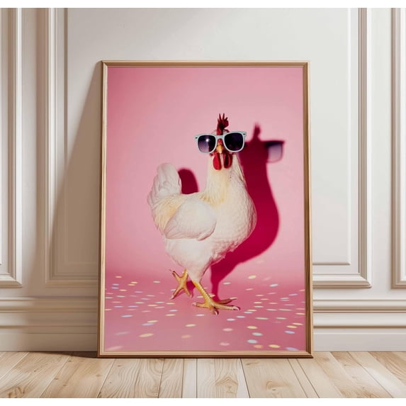 Cool Chicken Wall Art Poster, Funny Hen with Sunglasses Print, Quirky ...