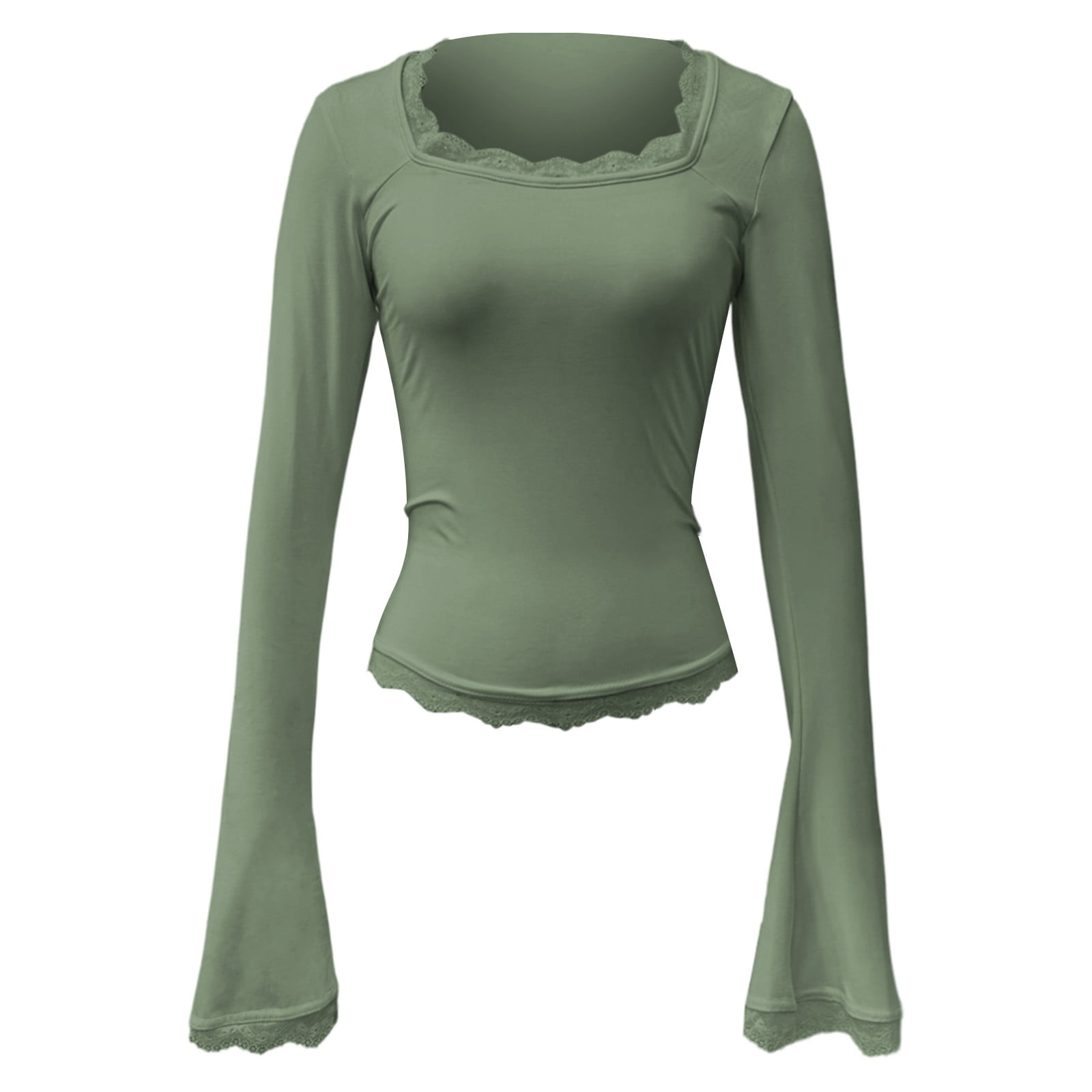 Cool Coat for Women Long Sleeve Square Neck Fitted Lace Trim Yoke ...