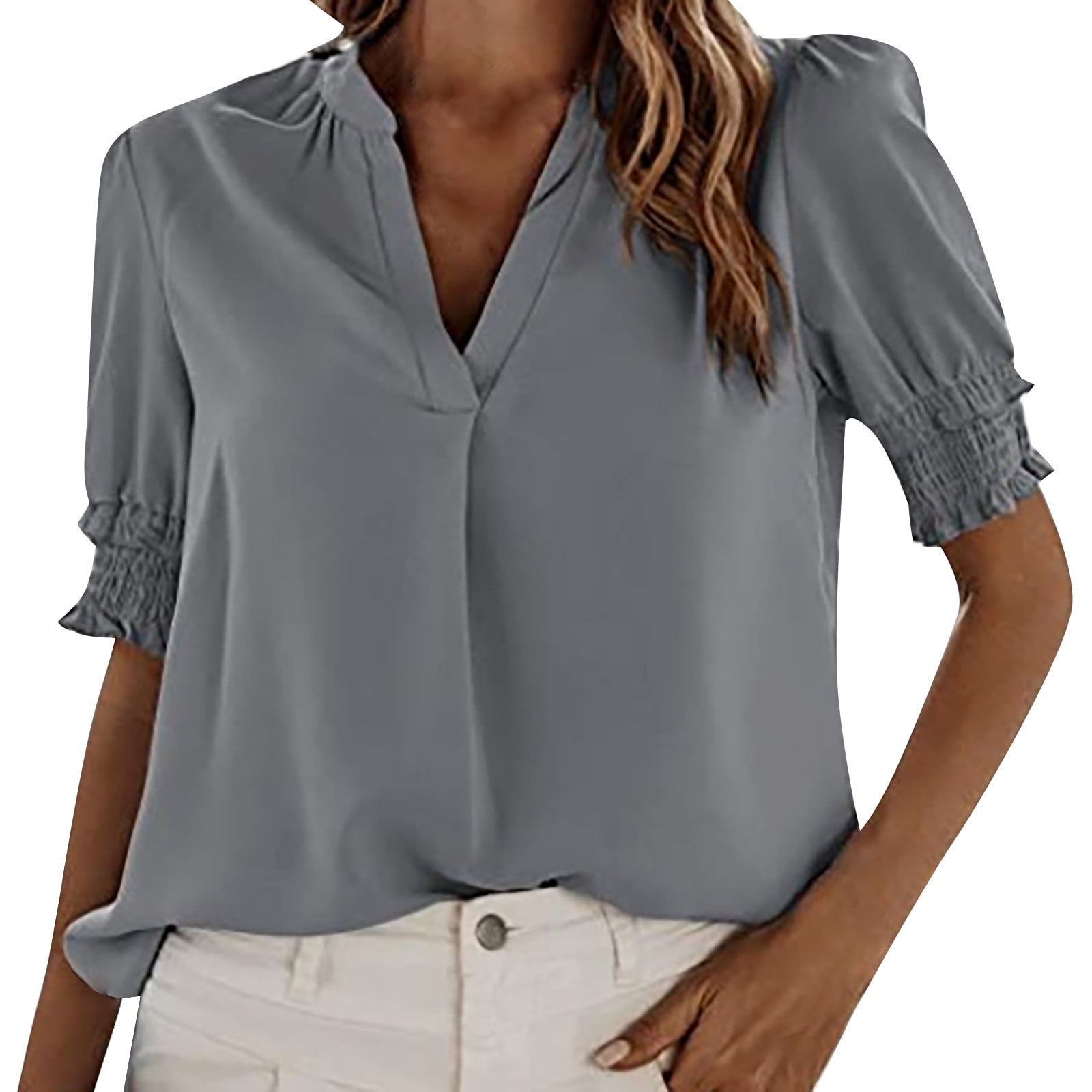 Cool Coat for Women V Neck Puff Sleeve Short Sleeved Solid Color ...