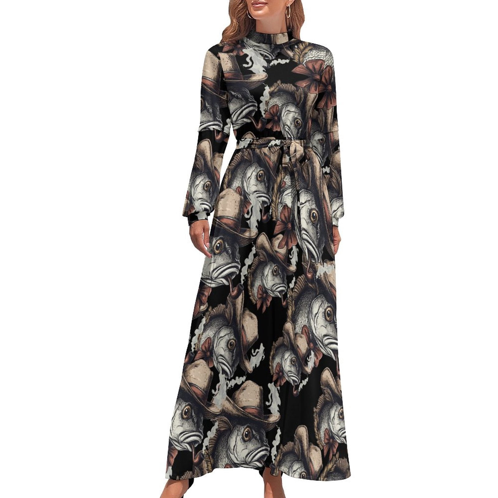 Cool Cow-boy Bass Fish Women's Fall Maxi Dress Long Sleeve Turtleneck ...