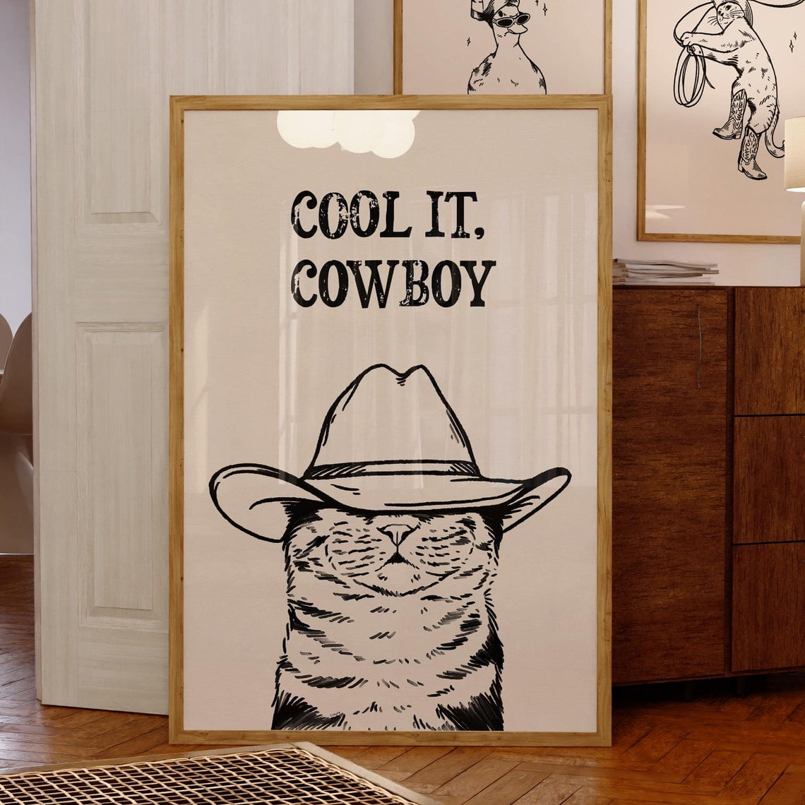 Cool It Cowboy Cat Art Print Retro Print Vintage Art Blue Wall Art Cat ...