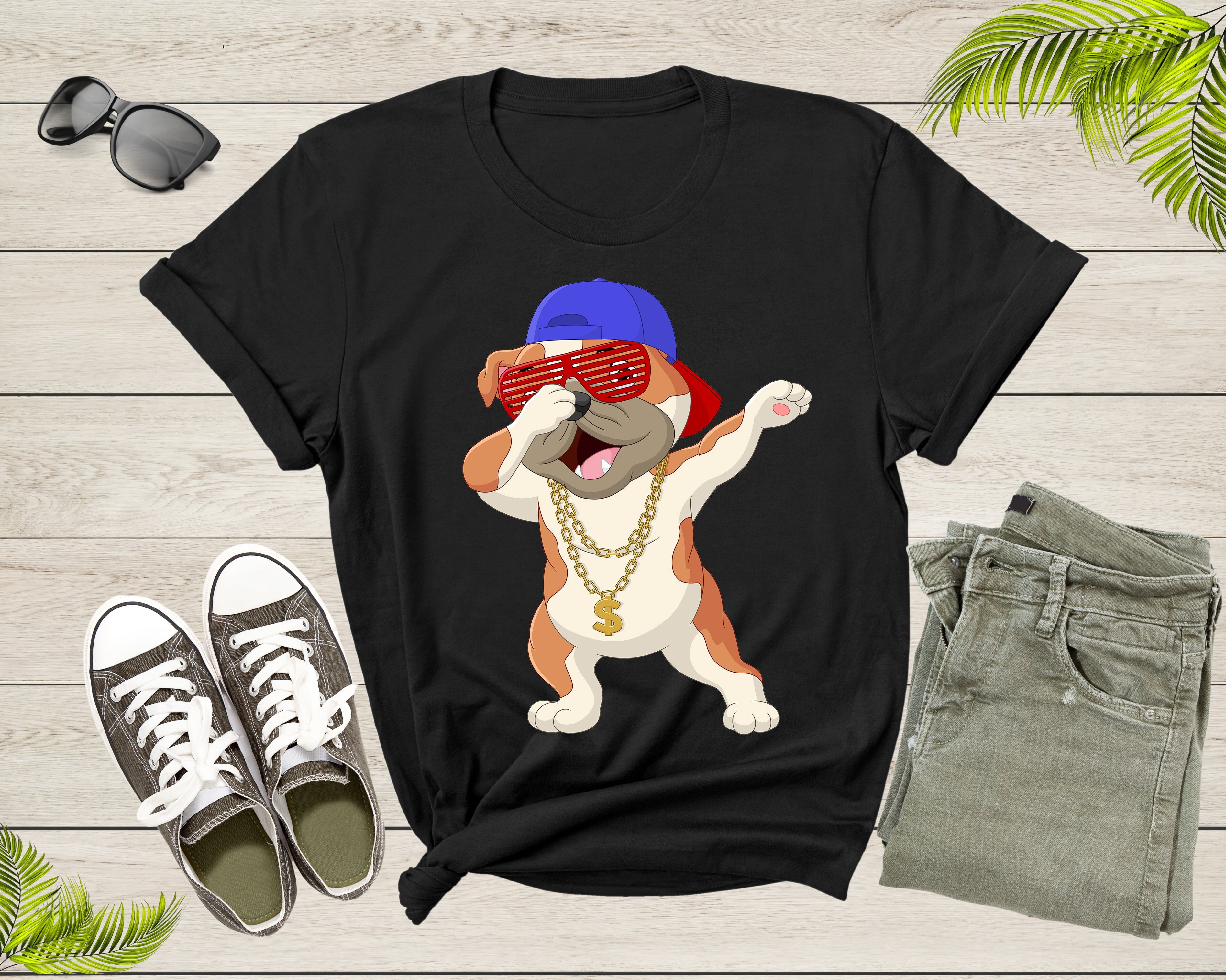 Cool Dabbing Dancing Dog Wearing Sunglasses Hat Necklace T-Shirt ...