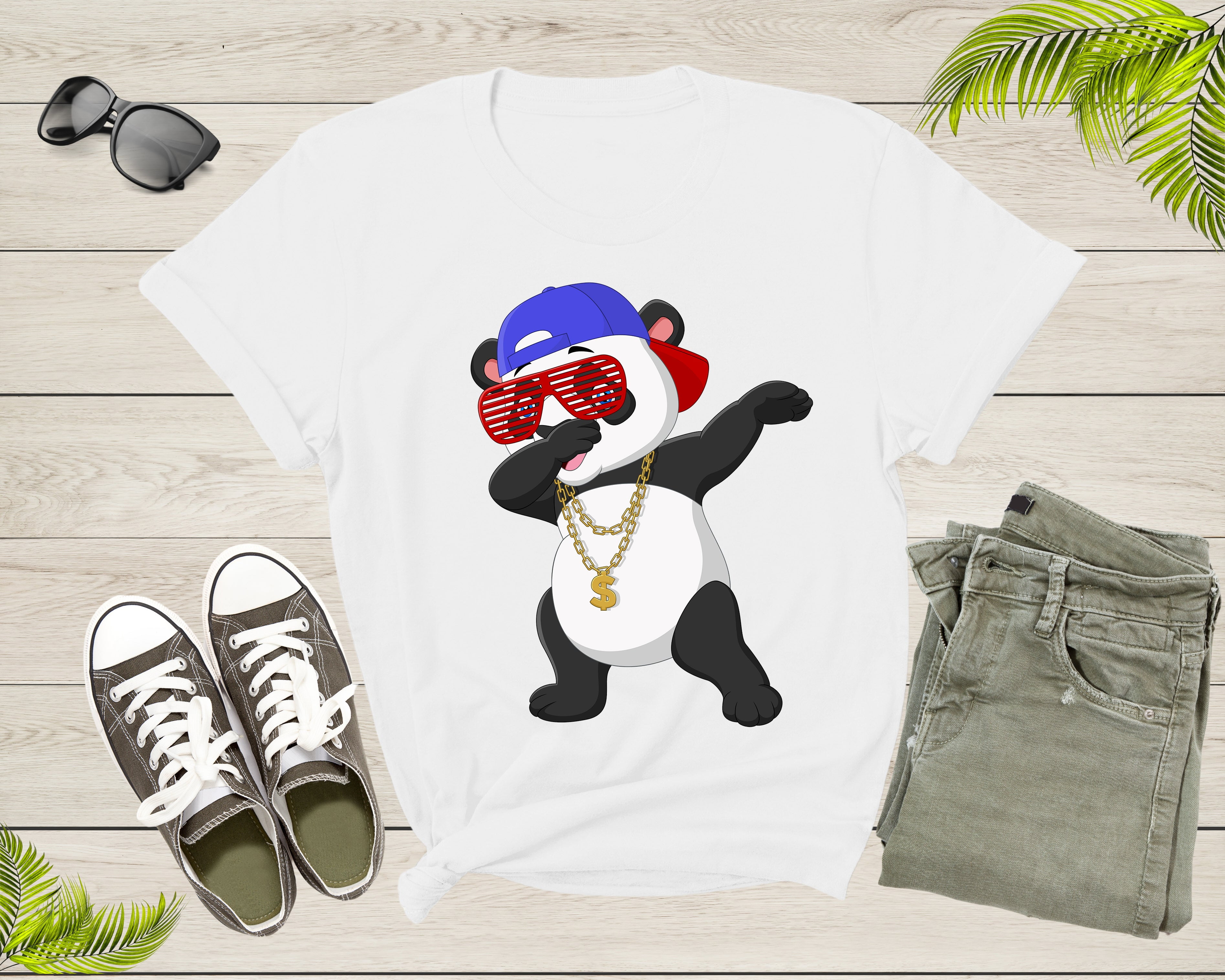 Cool Dabbing Dancing Panda Wearing Sunglasses Hat Necklace T-Shirt ...