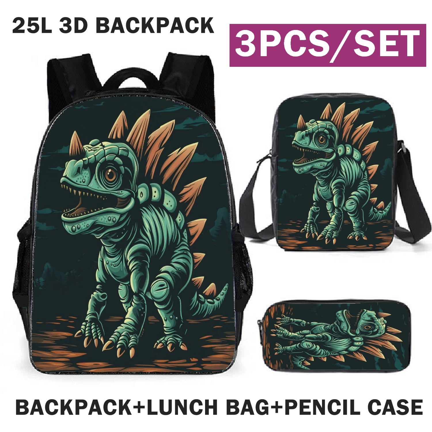 Cool Dinosaur Backpack 3Pcs Backpack Set 17inch School Backpacks with Lunch Bag Pencil Case Fans ...