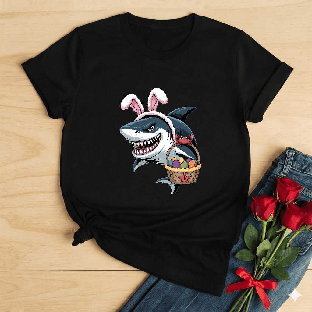 Cool Easter Shark Easter Basket Bunny Graphic Retro Humor Unisex T ...