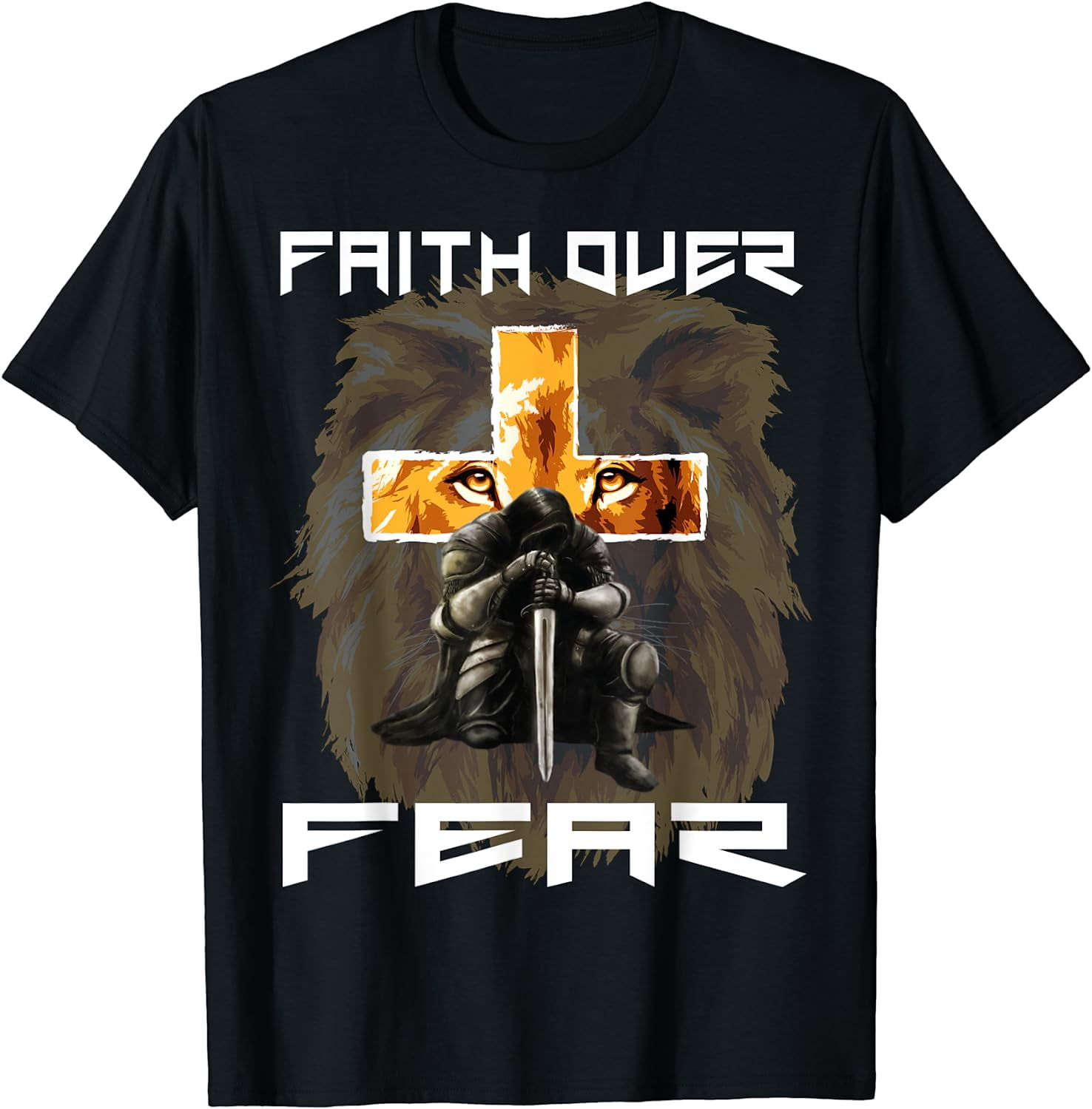 Cool Faith Over Fear Shirt Men Lion Christian Prayer Warrior T-Shirt ...