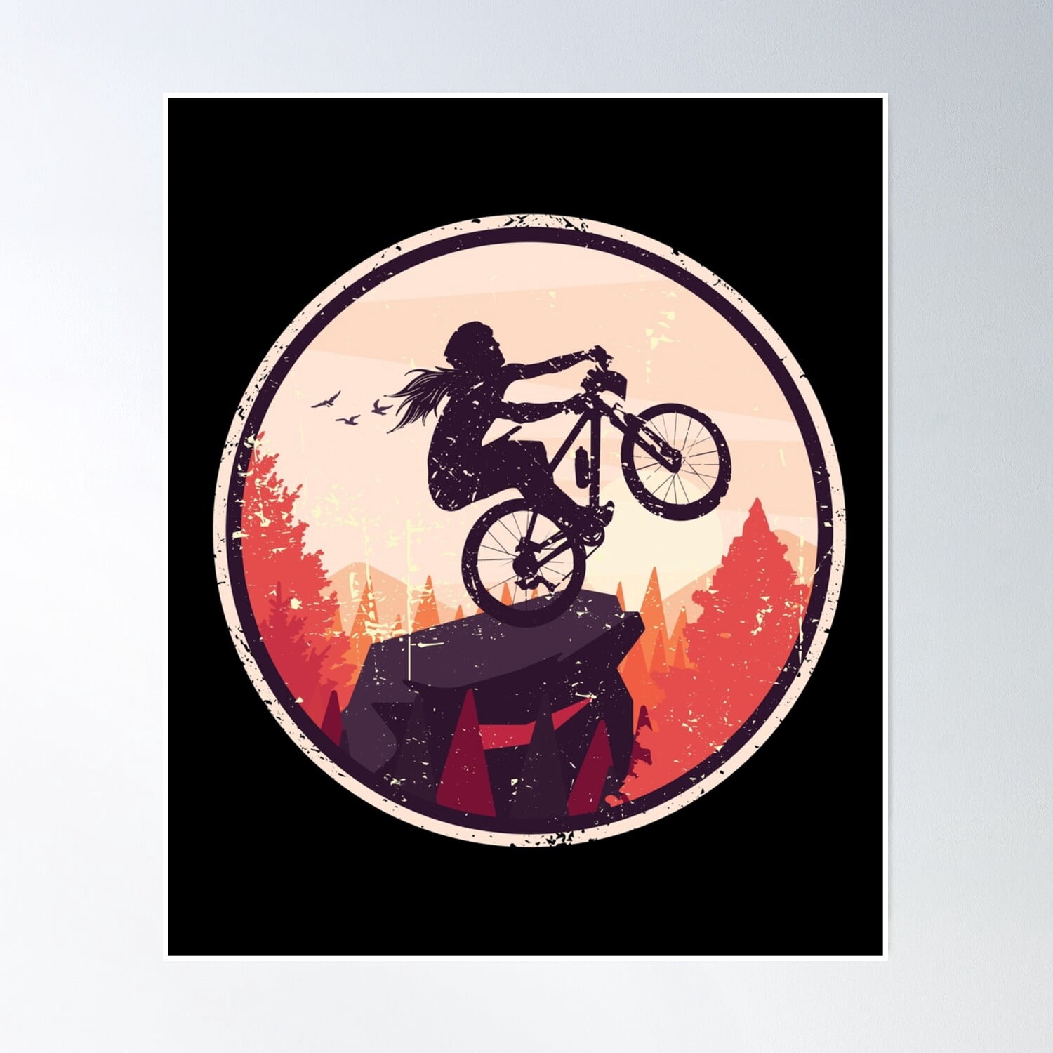 Cool Female Mountain Biker On Mountain Rock Mtb Wheelie Poster Wall Art ...
