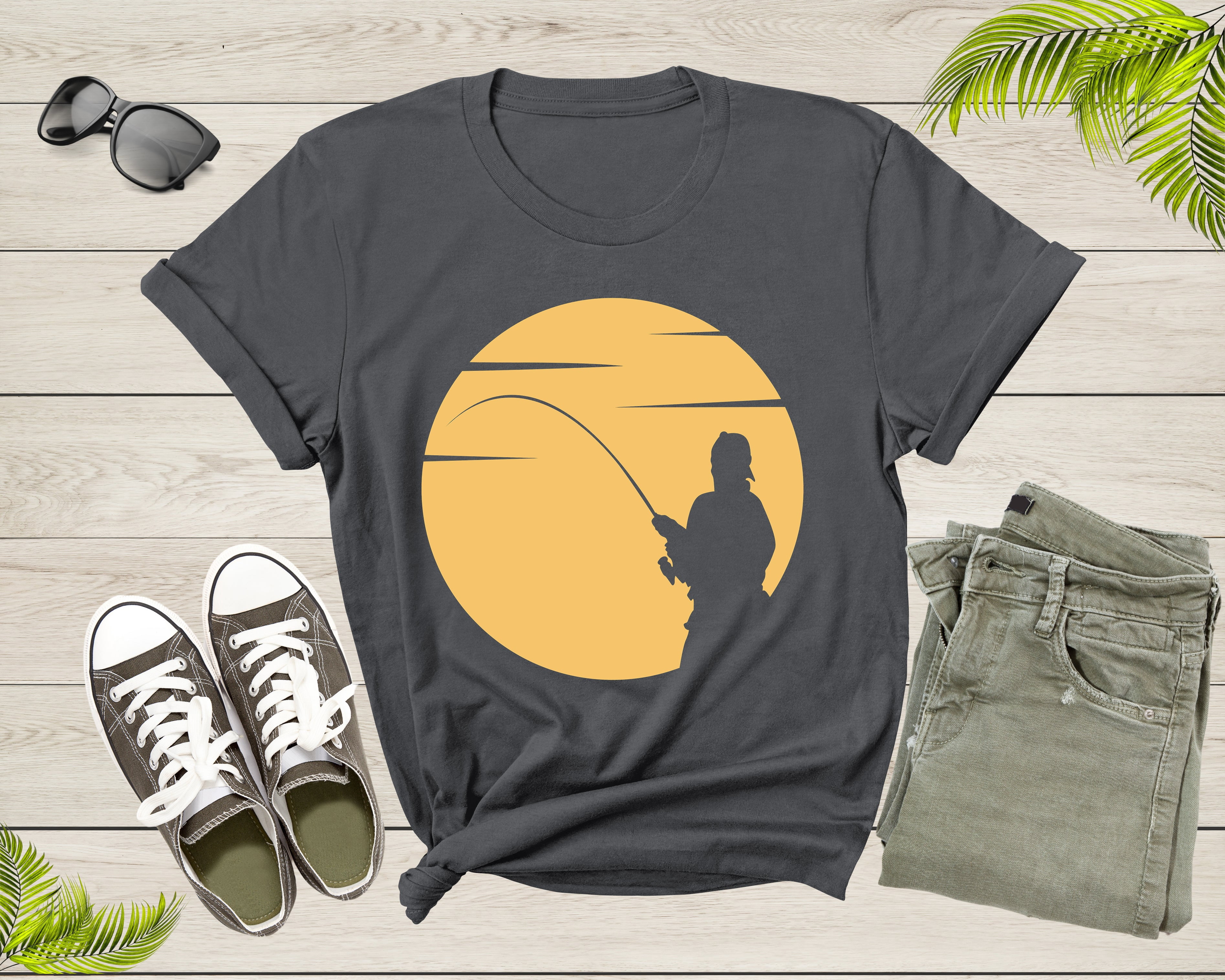 Cool Fisherman Fishing by the Lake at Sunset Fishing Rod T-Shirt Fisher ...