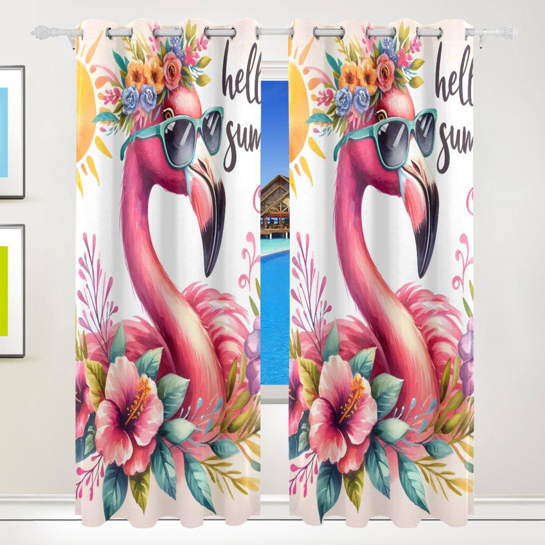 Cool Flamingo Sunglasses Flowers Blackout Curtains 72 inch Length 2 ...