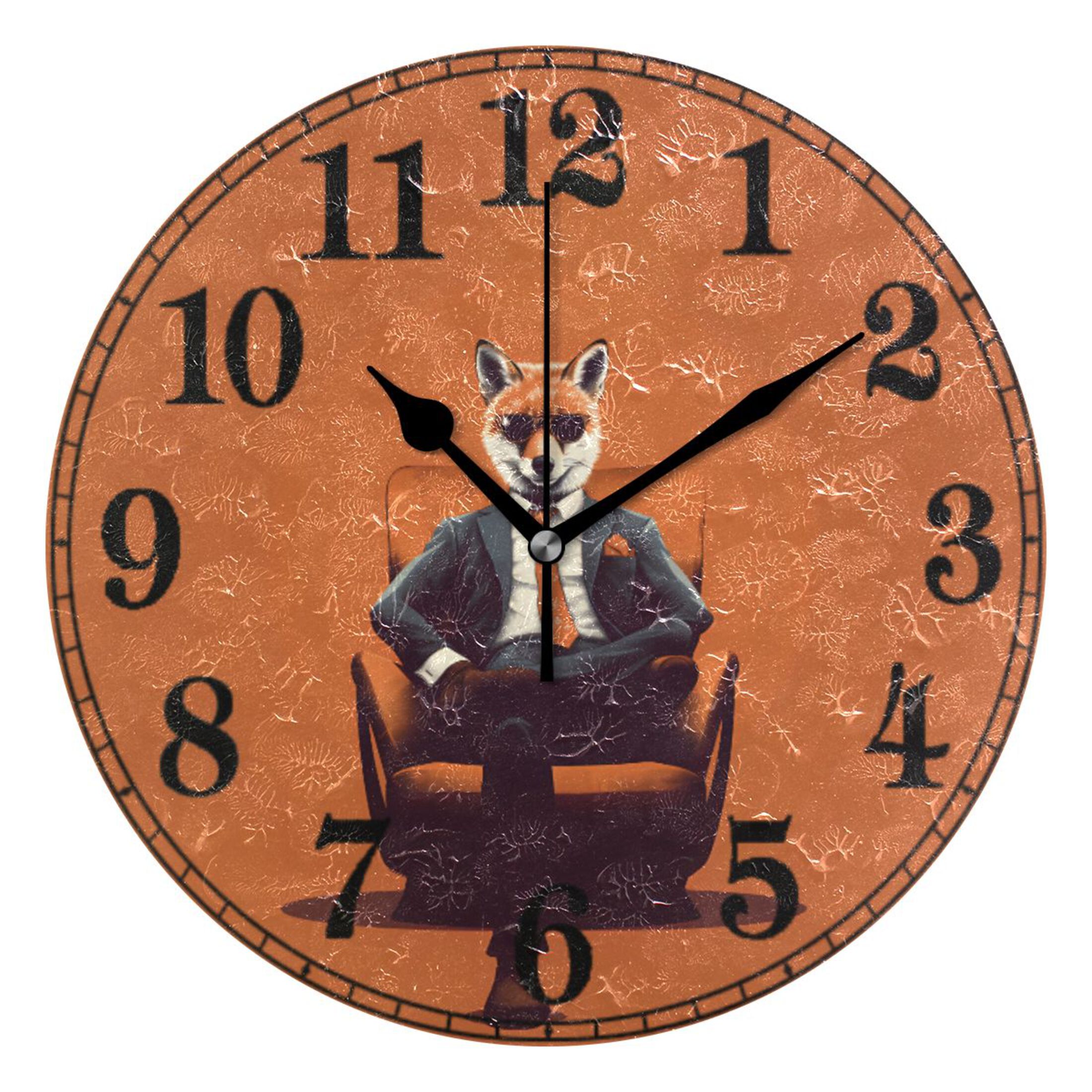 Cool Fox on Sofa 10" Silent Wall Clock Non-Ticking Battery Clocks ...