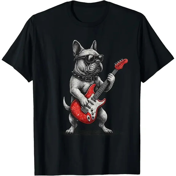 Cool French Bulldog Dog Playing Electric Guitar Unisex Short Sleeve ...