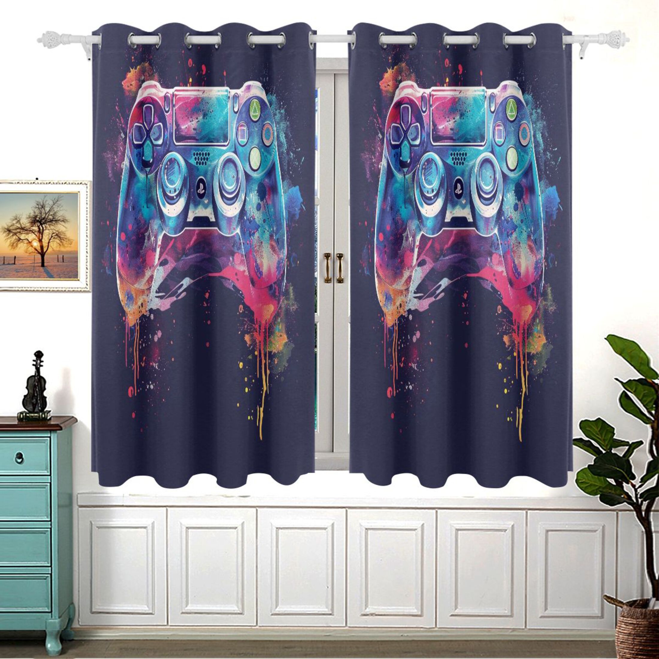 Cool Game Handle Blackout Curtains 54 inch Length 2 Panels Grommet ...