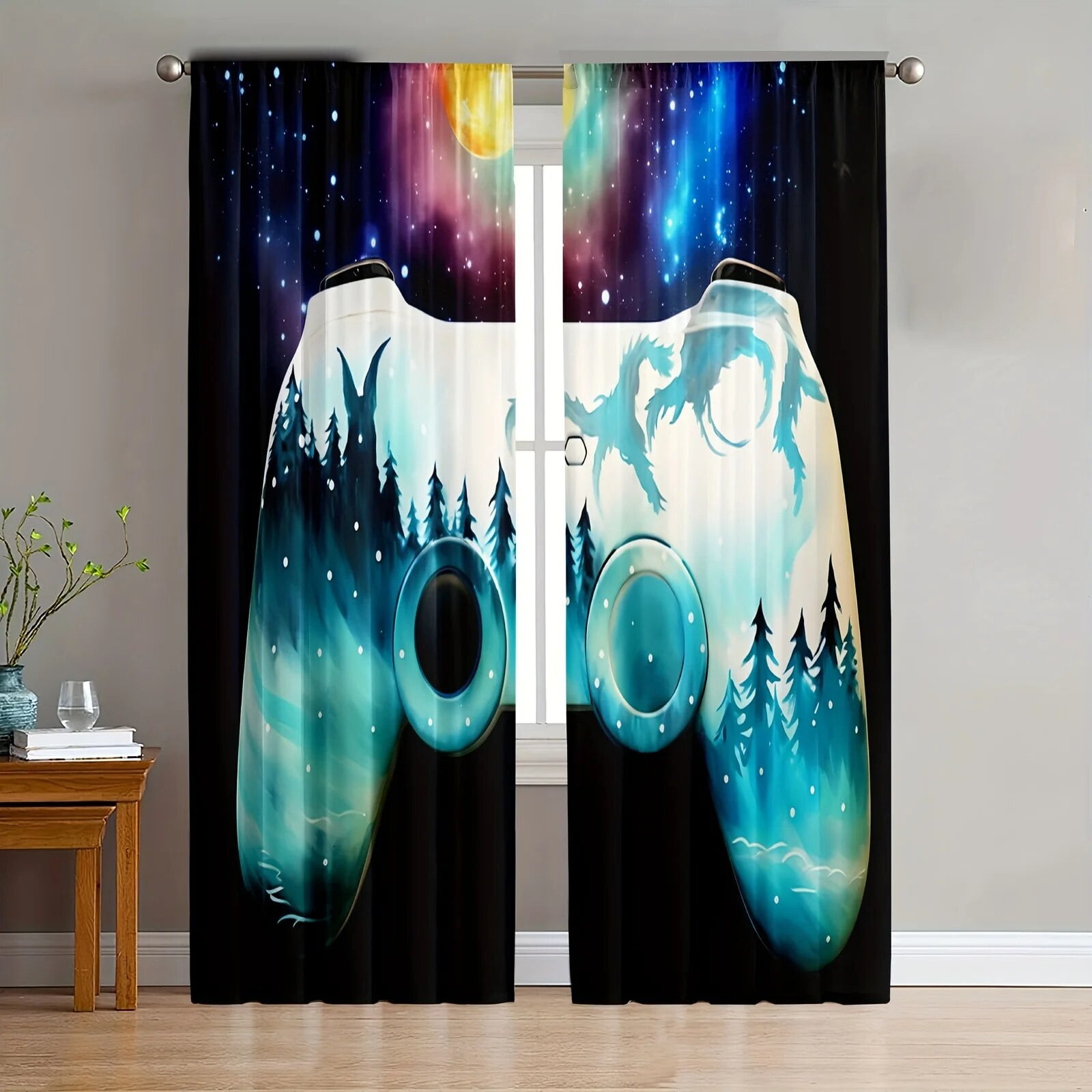 Cool Gamepad Music Technology Night Moon Digital Print Curtains Shade ...