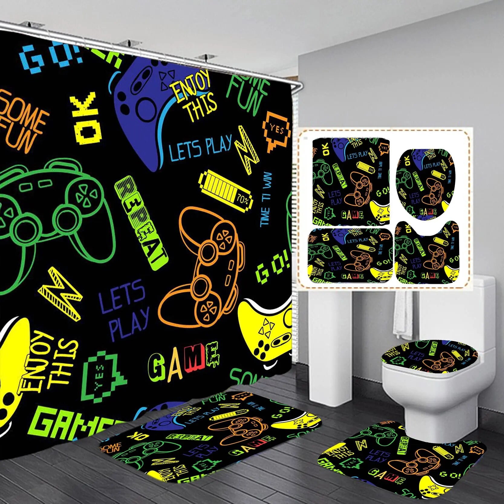 Cool Gaming Shower Curtain Set with Rugs for Bathroom Decor Video Games ...