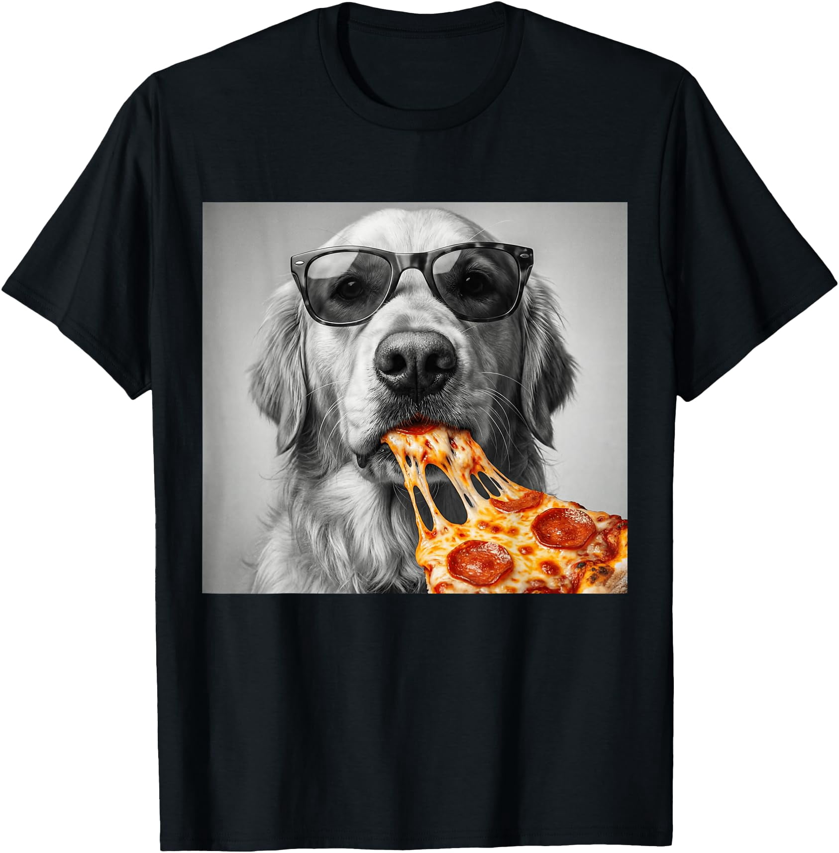 Cool Golden Retriever Eating Pizza Sunglasses Funny Dog T-Shirt ...