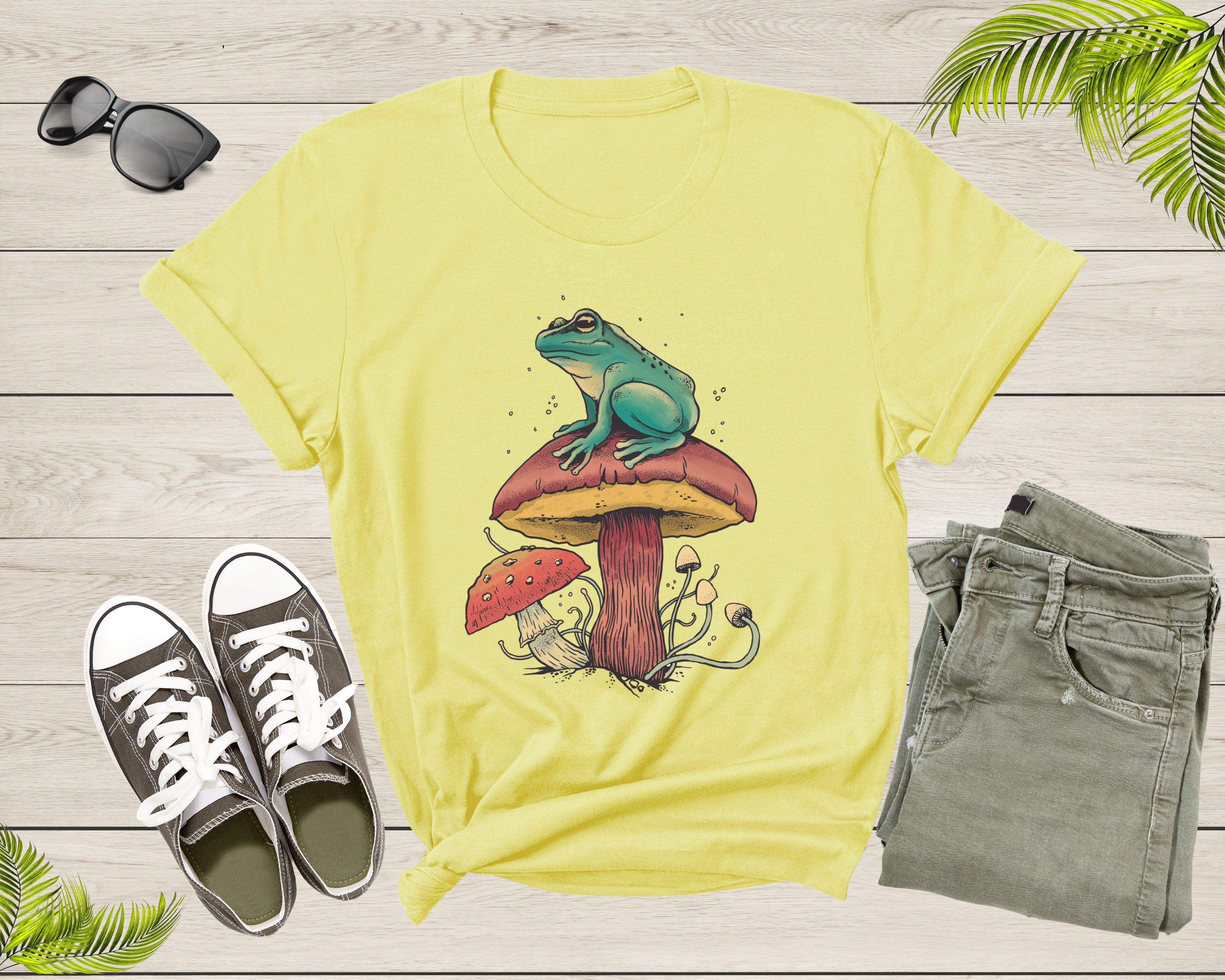 Cool Green Frog Toad Animal Sitting on Mushrooms Thinking T-Shirt Frog ...