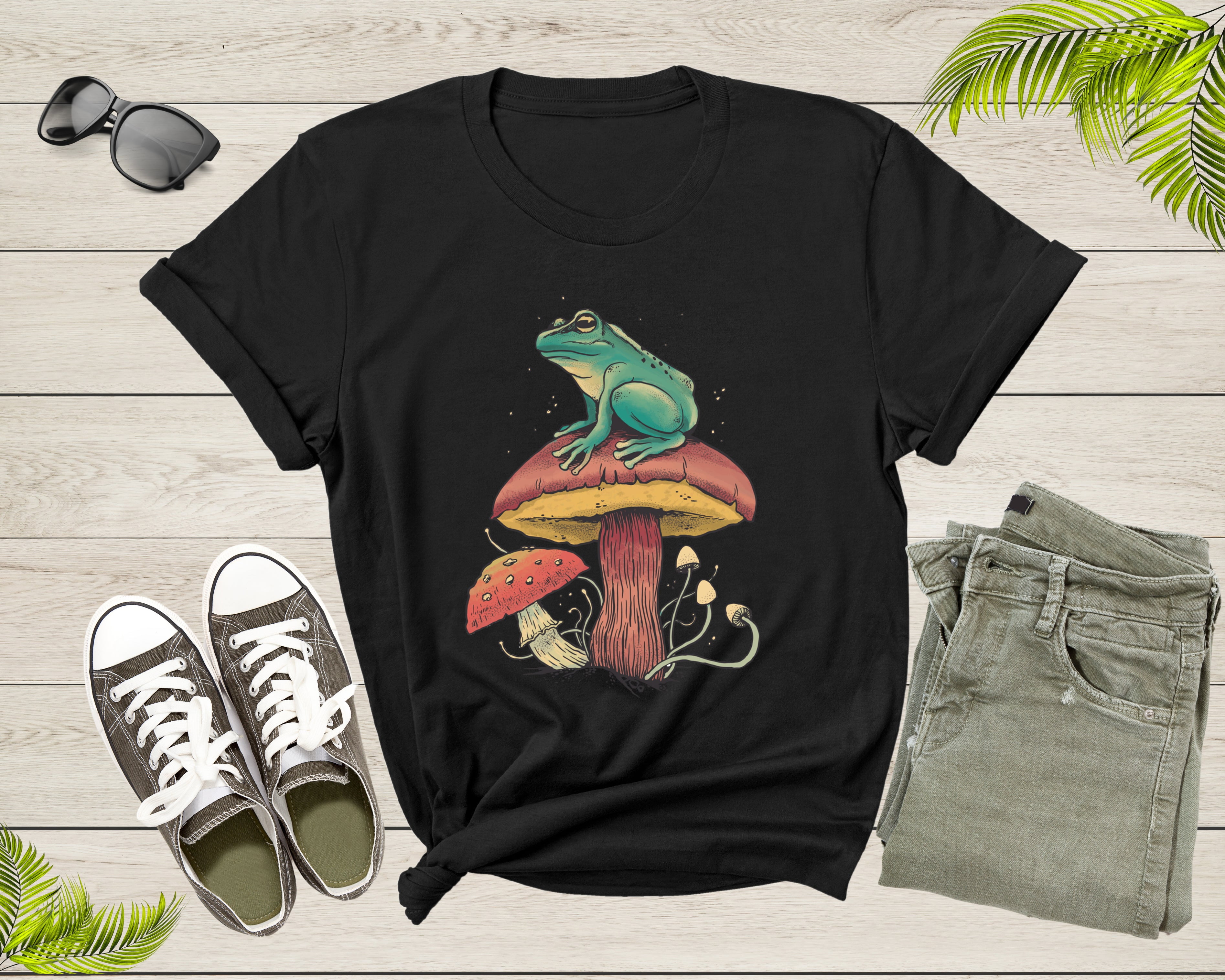 Cool Green Frog Toad Animal Sitting on Mushrooms Thinking T-Shirt Frog ...