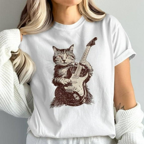 Cool Guitar Playing Cat Vintage Style T-Shirt, Funny Cat Lover Gift ...