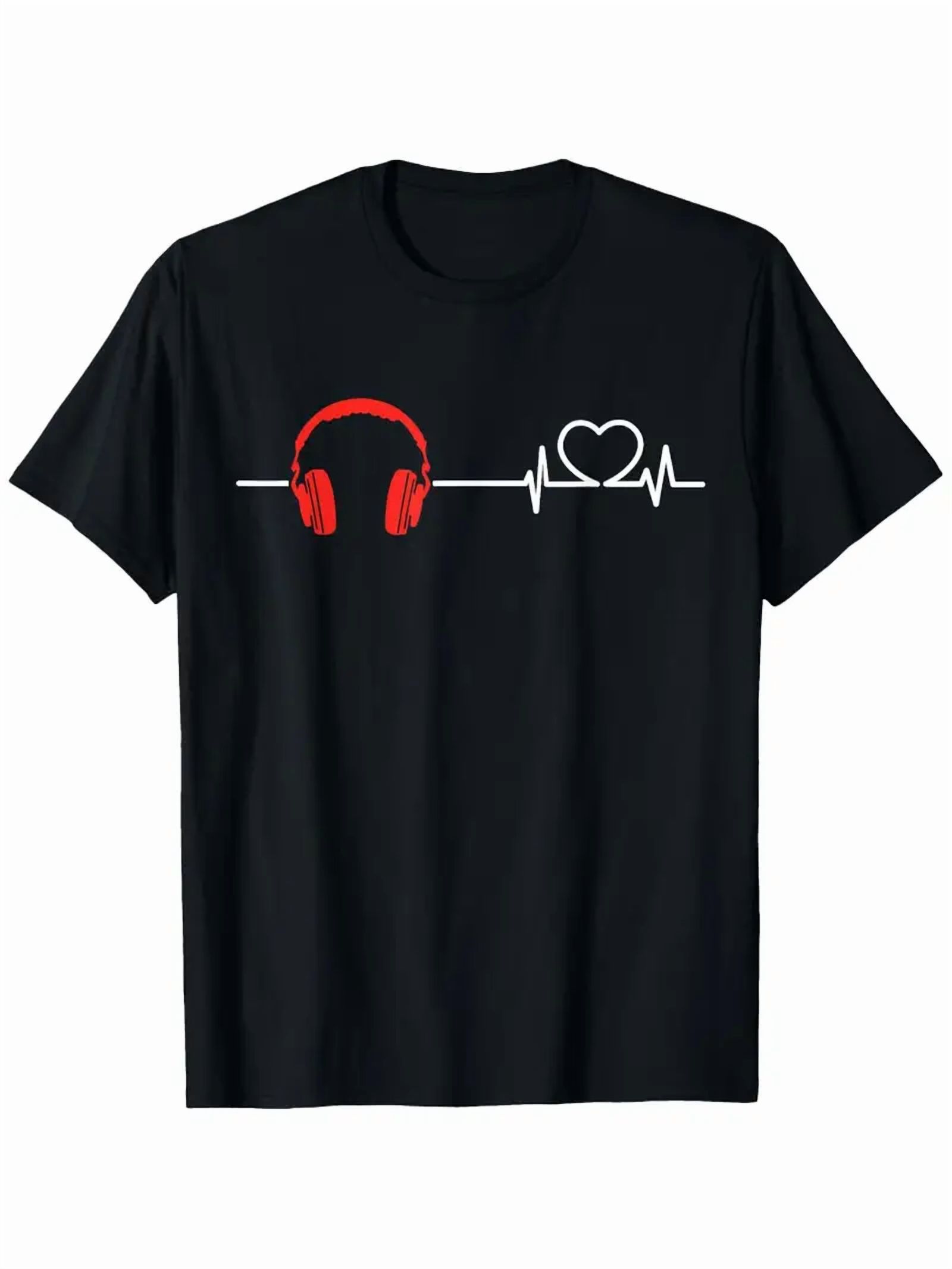Cool Headphones Heartbeat Graphic Men's Music T-Shirt - 100% Cotton ...