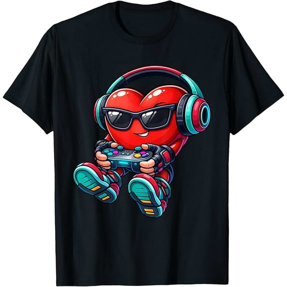 Cool Heart Gamer with Controller for Unisex Cotton Short Sleeve Graphic ...