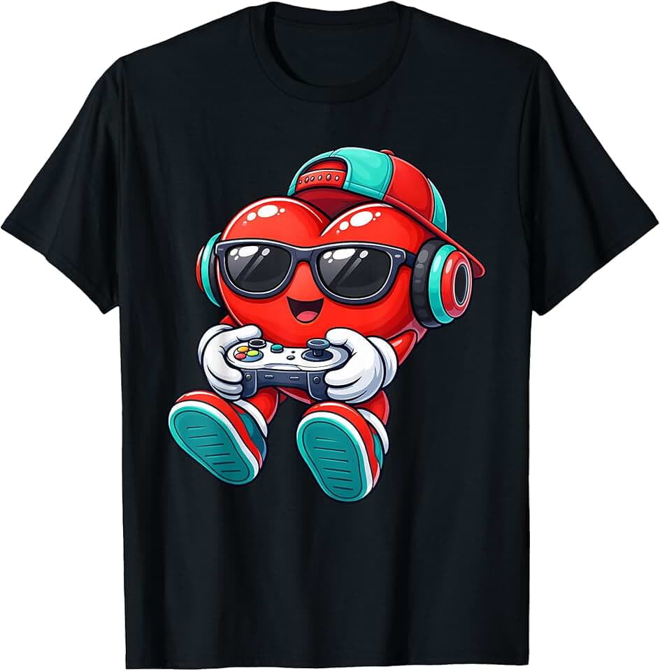 Cool Heart Playing Video Games for Gamer Cotton Short Sleeve Graphic T ...