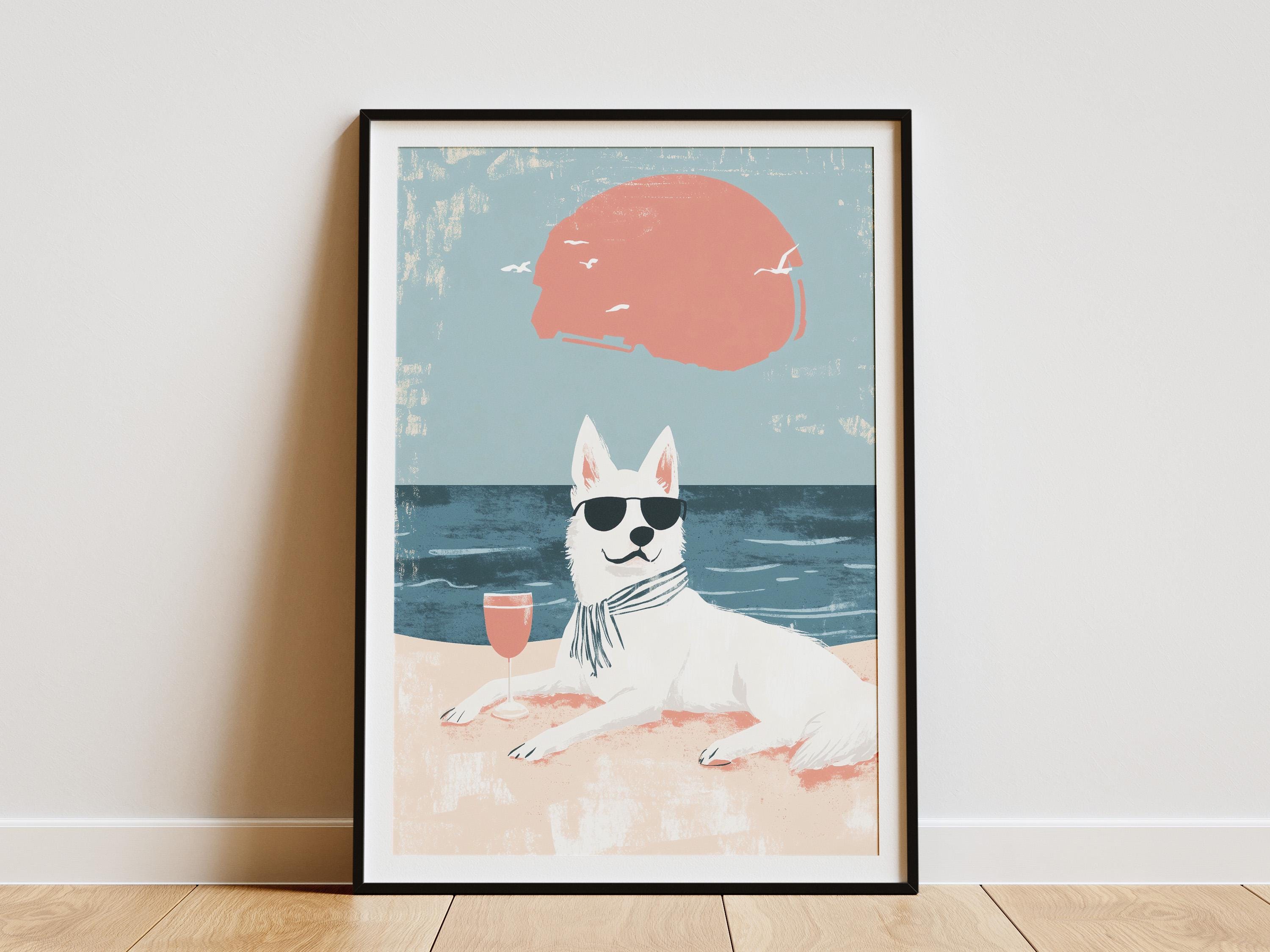 Cool Husky Dog Summer Beach Poster Summertime Ocean Dog Print Funny ...