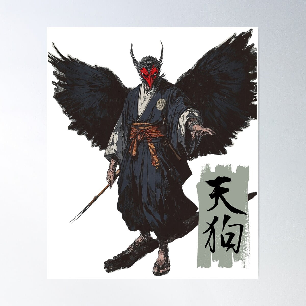 Cool Japanese Tengu Art With Kanji Poster Wall Art, Modern Wall Decor ...