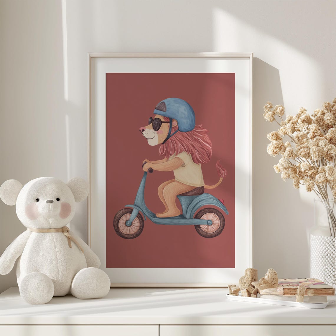 Cool Lion On Scooter Kids Room Wall Art, Child'S Bedroom Funny Animal ...