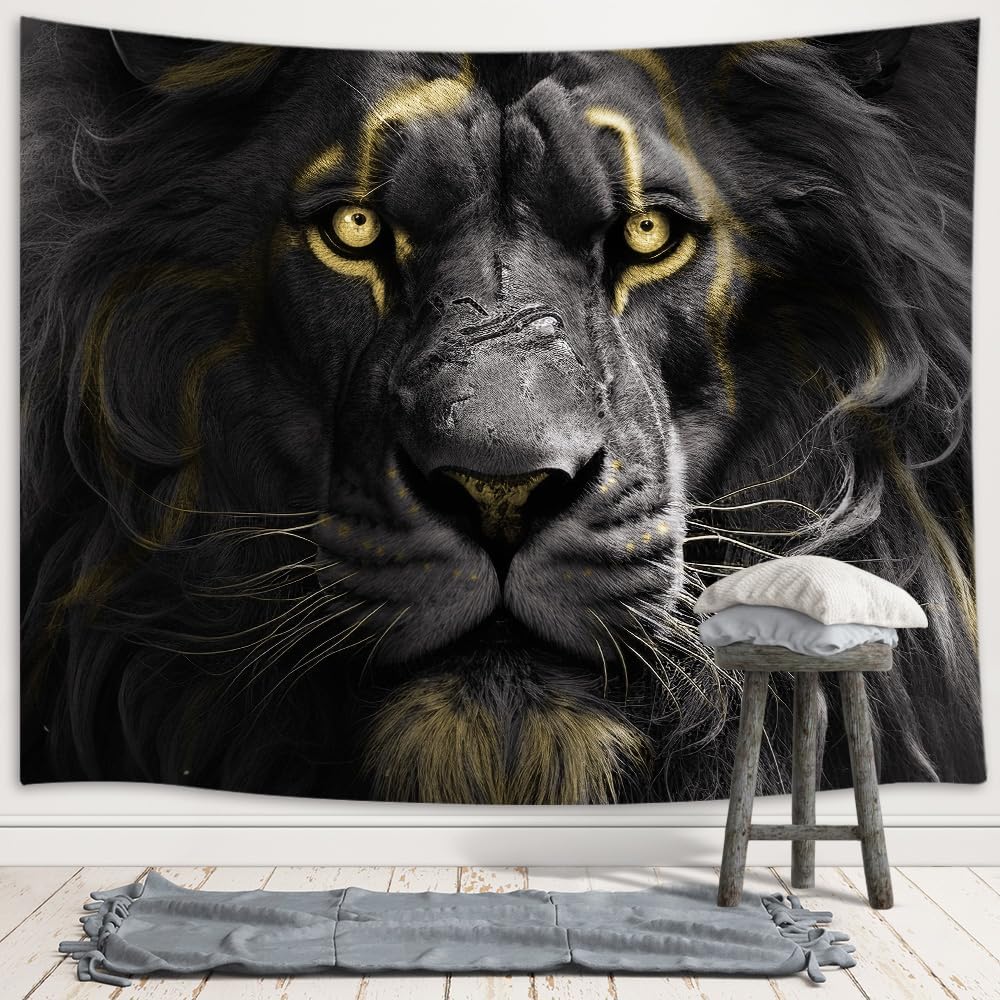 Cool Lion Tapestry, Gold And Black Lion Wall Hippie Art Decor Tapestry ...