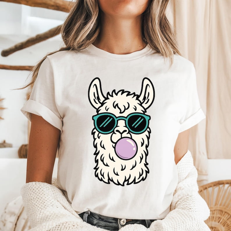 Cool Llama Shirt, Funny Alpaca with Sunglasses T Shirt, Bubblegum ...