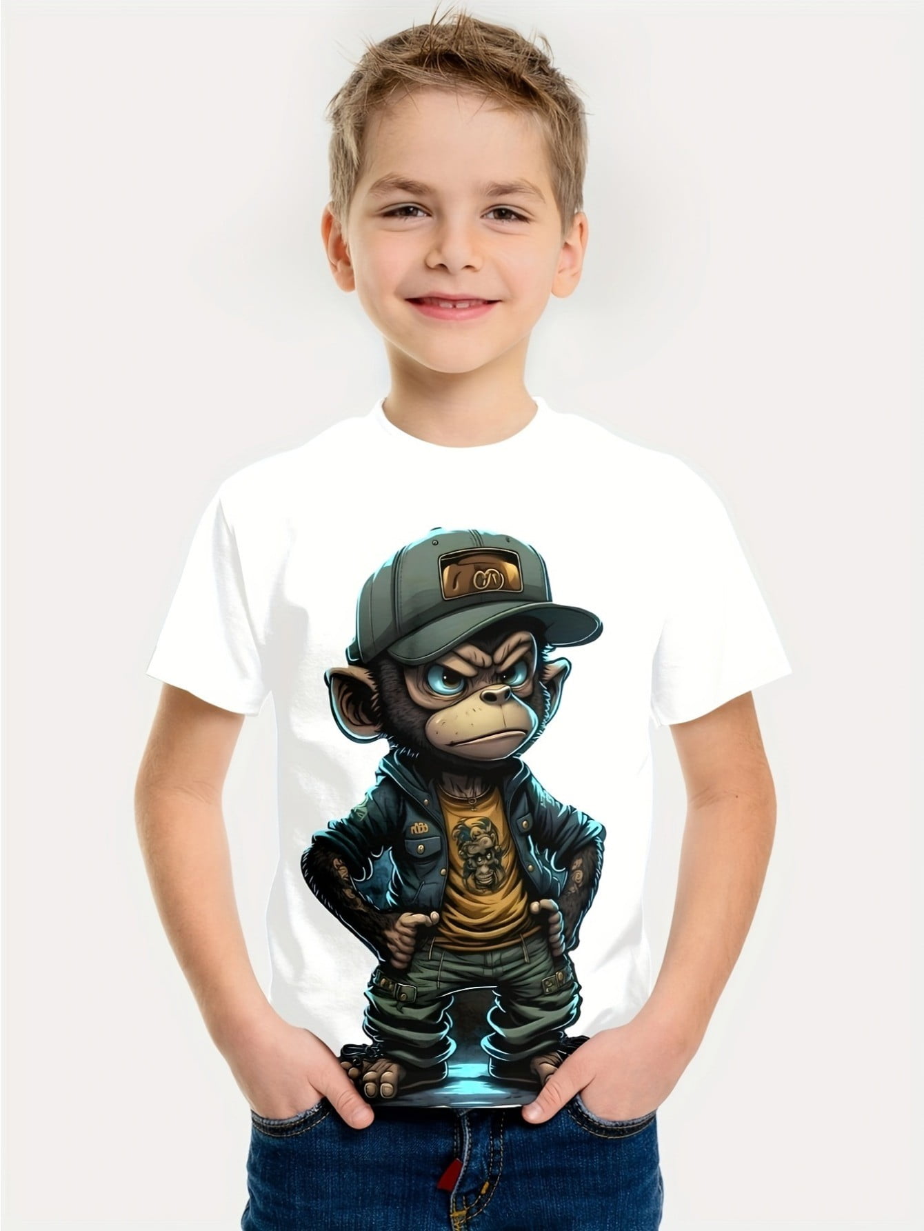 Cool Monkey 3D Print Tee Tops, Boy's Round Neck Casual Short Sleeve Comfortable Soft Versatile T ...