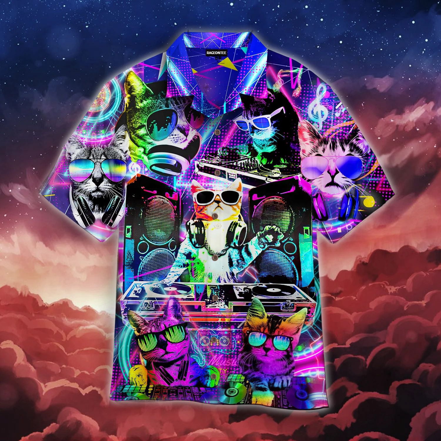 Cool Neon Dj Kitty Cat Hawaiian Shirt - Walmart.com