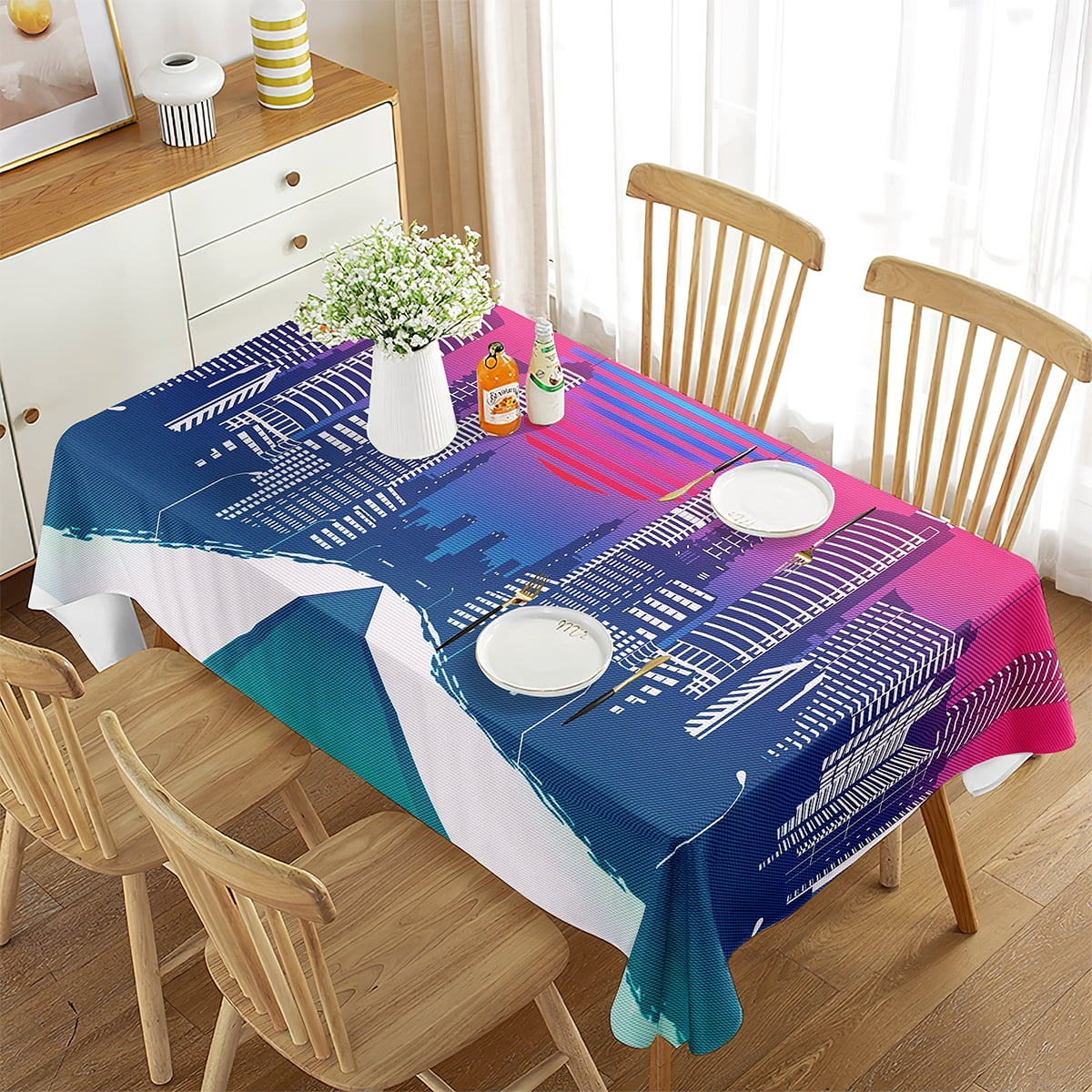Cool Neon Wave Sun Tree Pattern Tablecloth Table Cover for Party Dining ...