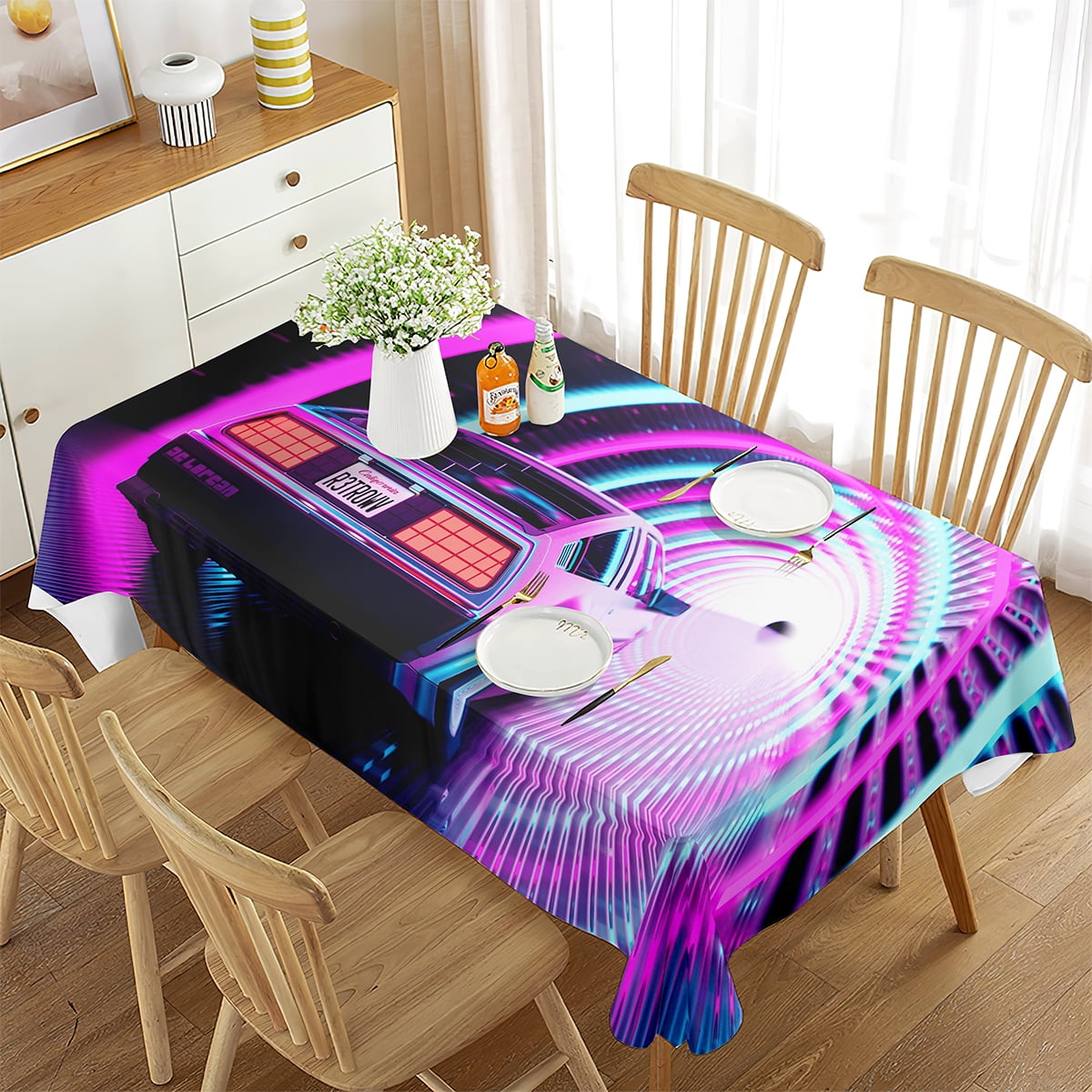 Cool Neon Wave Sun Tree Pattern Tablecloth Table Cover for Party Dining ...