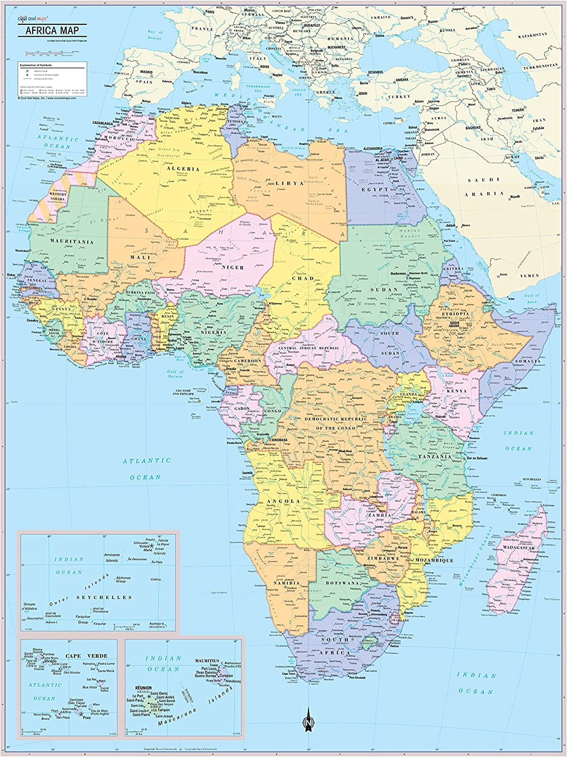 Cool Owl Maps Africa Continent Wall Map Poster - Rolled Laminated (24 ...