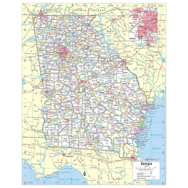 Cool Owl Maps Georgia State Wall Map Rolled 24"Wx30"H (laminated ...