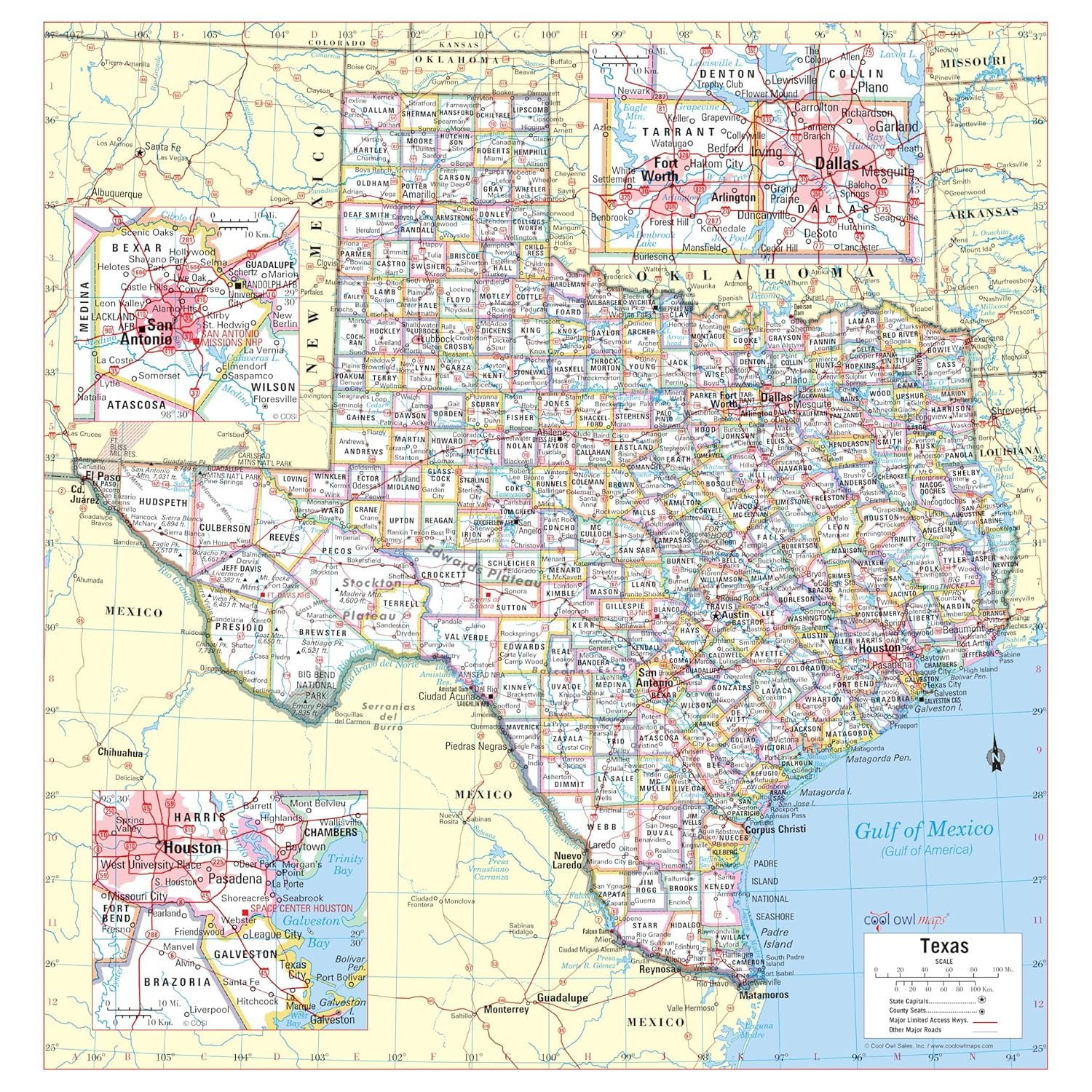 Cool Owl Maps Texas State Wall Map Poster Rolled (Laminated 24"x25 ...