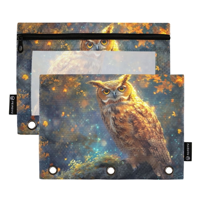 Cool Owl in Forest 2 Pack Pencil Pouch for 3 Ring Binder Smooth Zipper ...