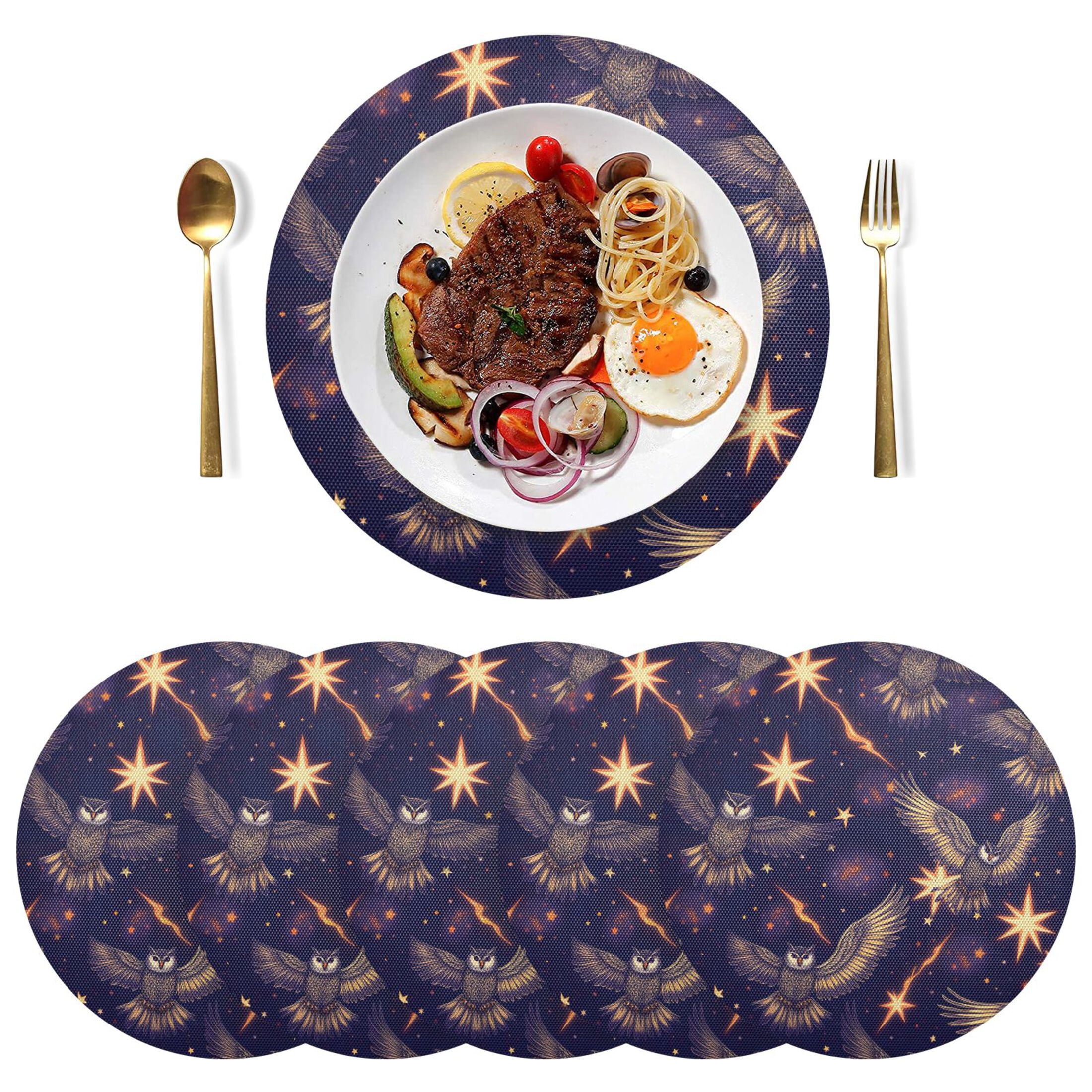 Cool Owls Stars PVC Round Grid Placemat Table Mat Set 6 Pcs 15.4" x 15. ...