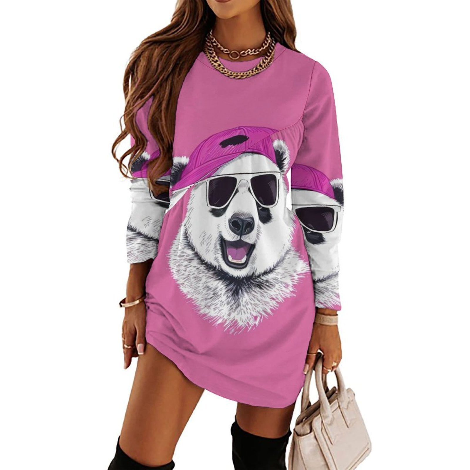 Cool Panda in Pink Hat Loose Dress Evening Dress Summer Dresses for ...