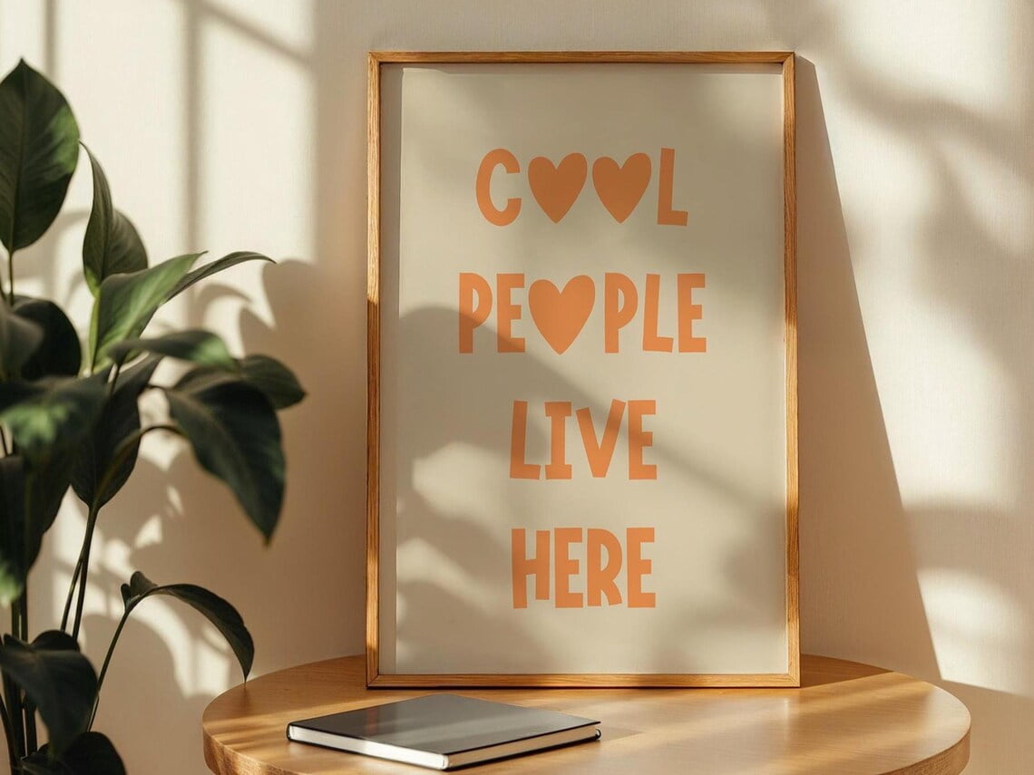 Cool People Live Here Minimalist Orange Heart Poster Home Decor Funny ...